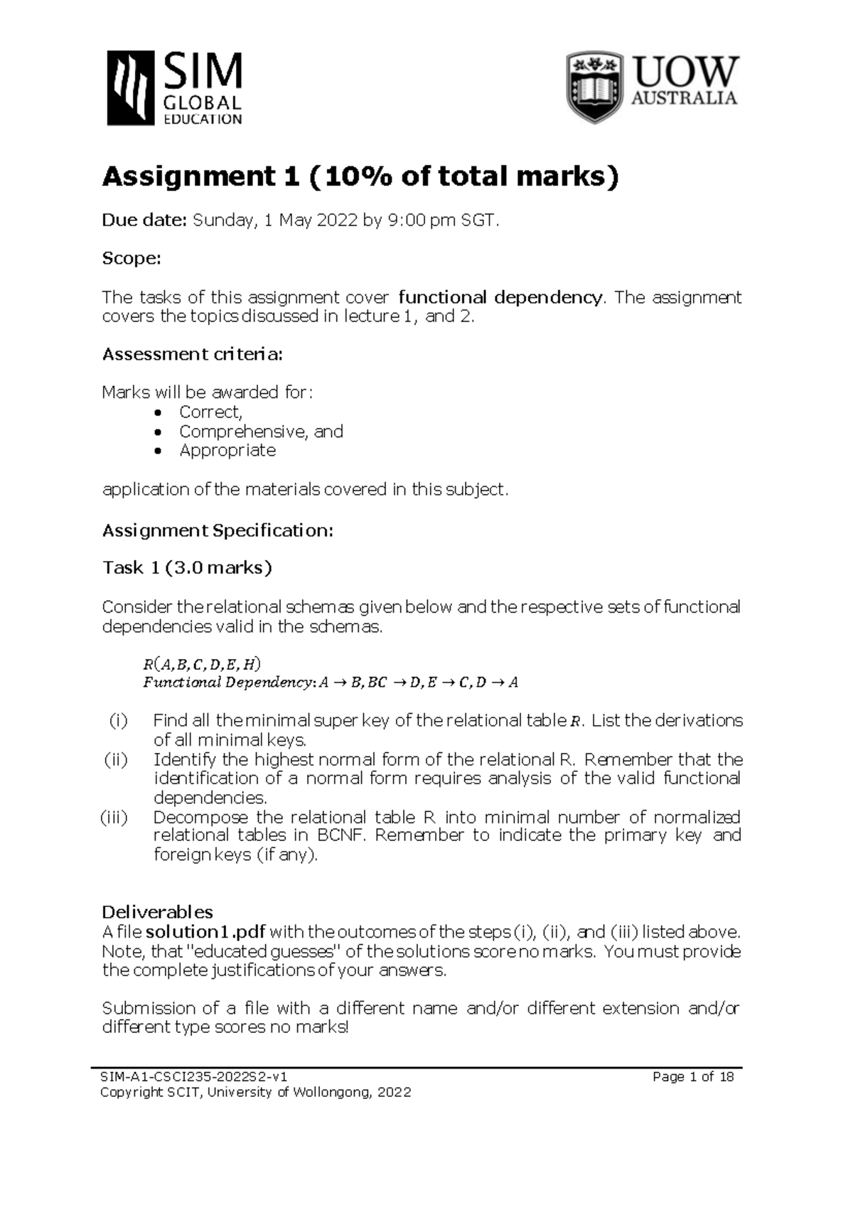SIM A1 CSCI235 2022S2 v1 Marking Scheme - SIM-A1-CSCI235- 2022 S 2 - v Page 1 of 18 Assignment 1 ...