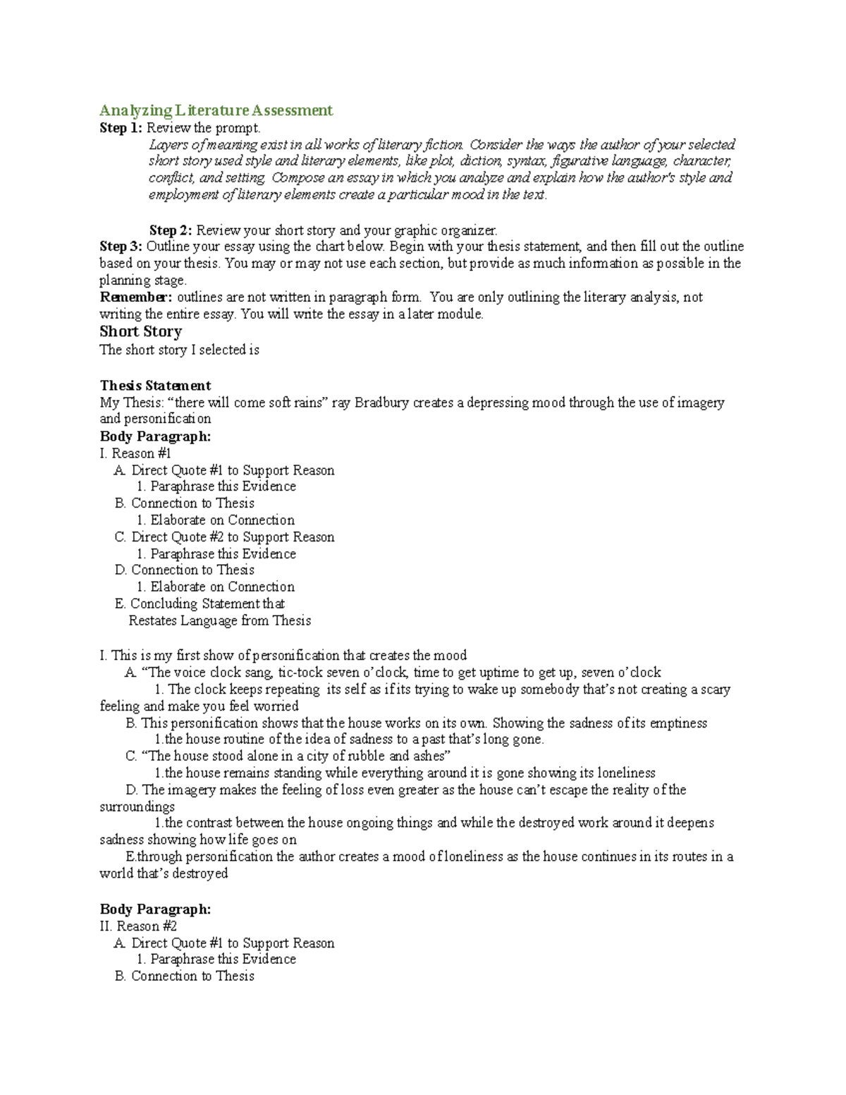 Analyzing literature assess rubric - Analyzing Literature Assessment Step 1: Review the prompt ...