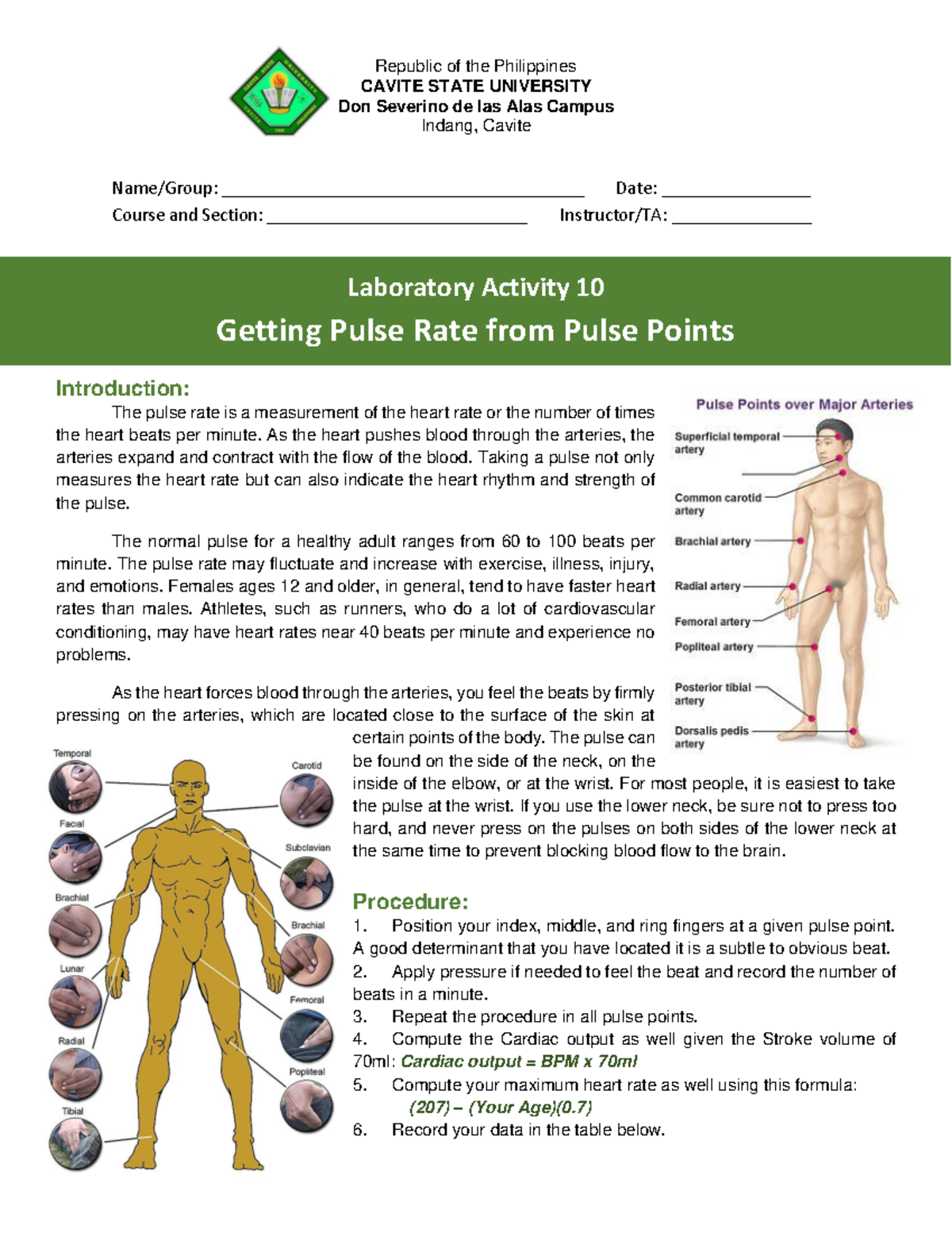 LAB 10- Pulse Rate - other infos - Republic of the Philippines CAVITE ...