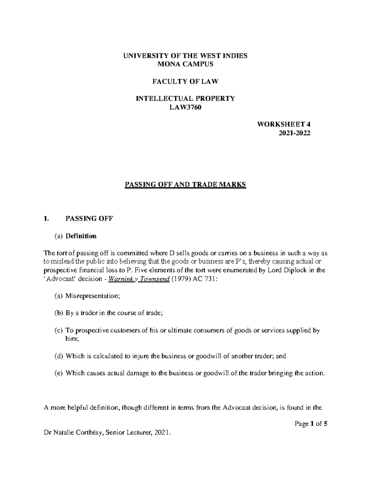 Intellectual Property Worksheet 4 2021 - Page 1 of 5 UNIVERSITY OF THE ...