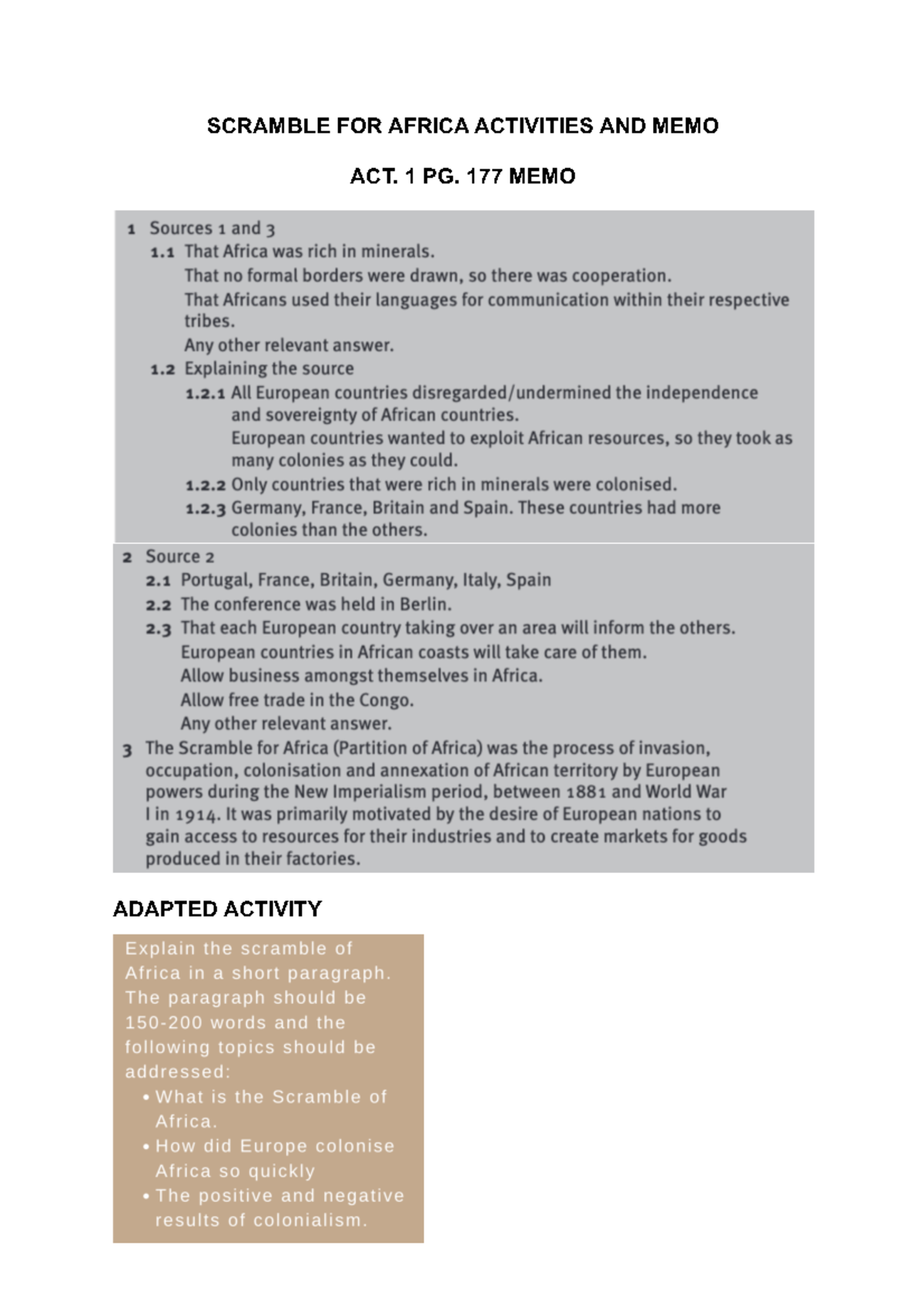 Scramble FOR Africa Activities MEMO - SCRAMBLE FOR AFRICA ACTIVITIES ...