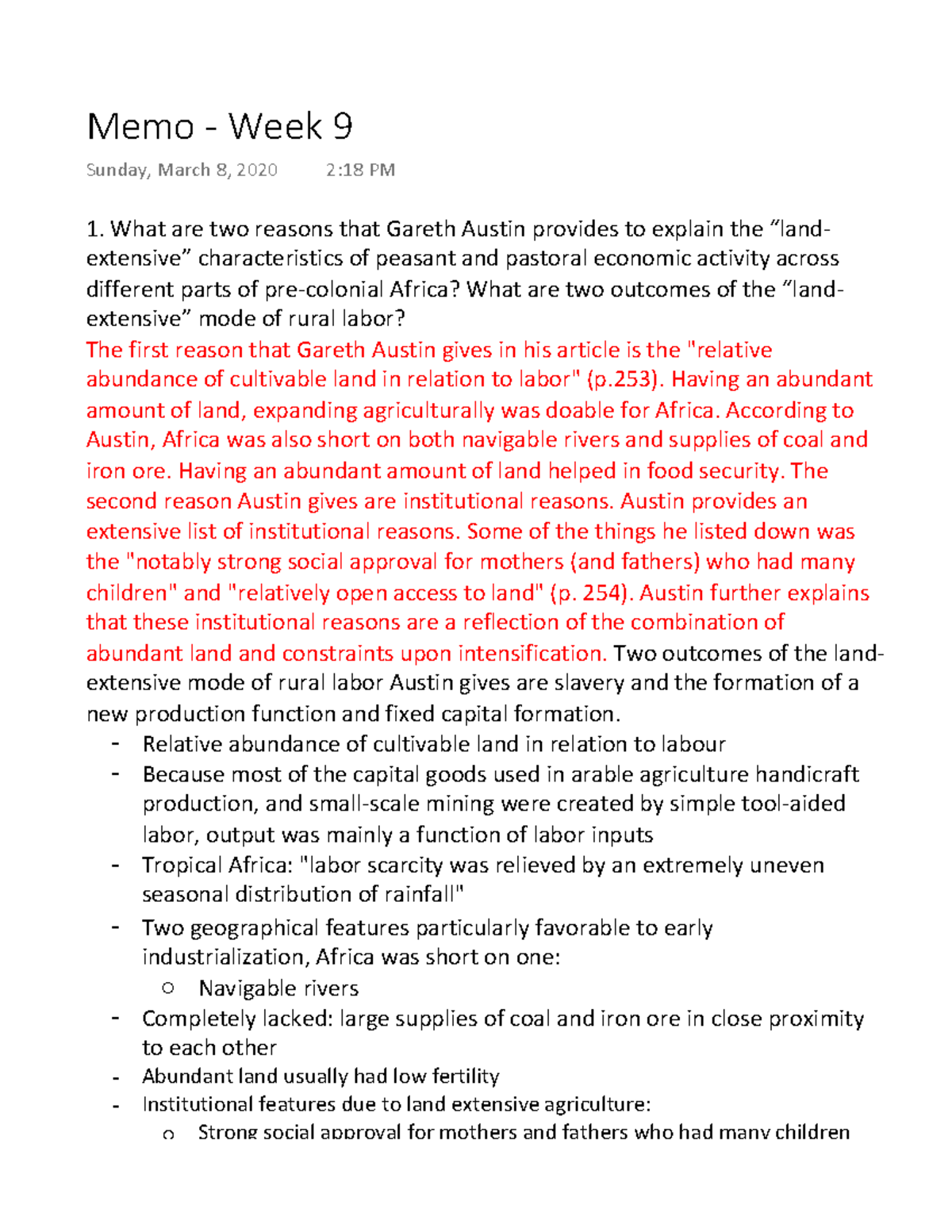 IDS 130 Memo for Week 9 - What are two reasons that Gareth Austin provides to explain the “land ...