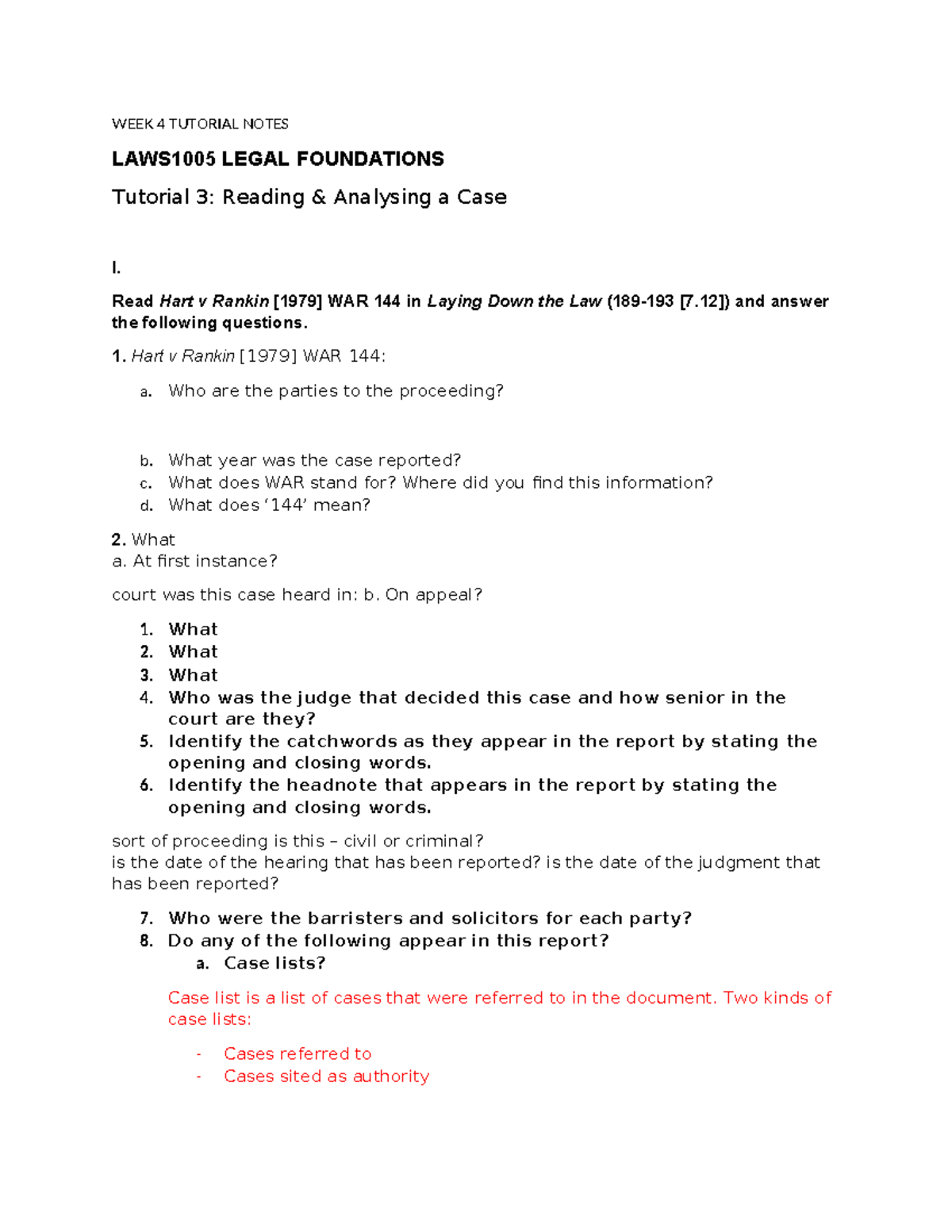 Tutorial week 4 notes - WEEK 4 TUTORIAL NOTES LAWS1005 LEGAL ...