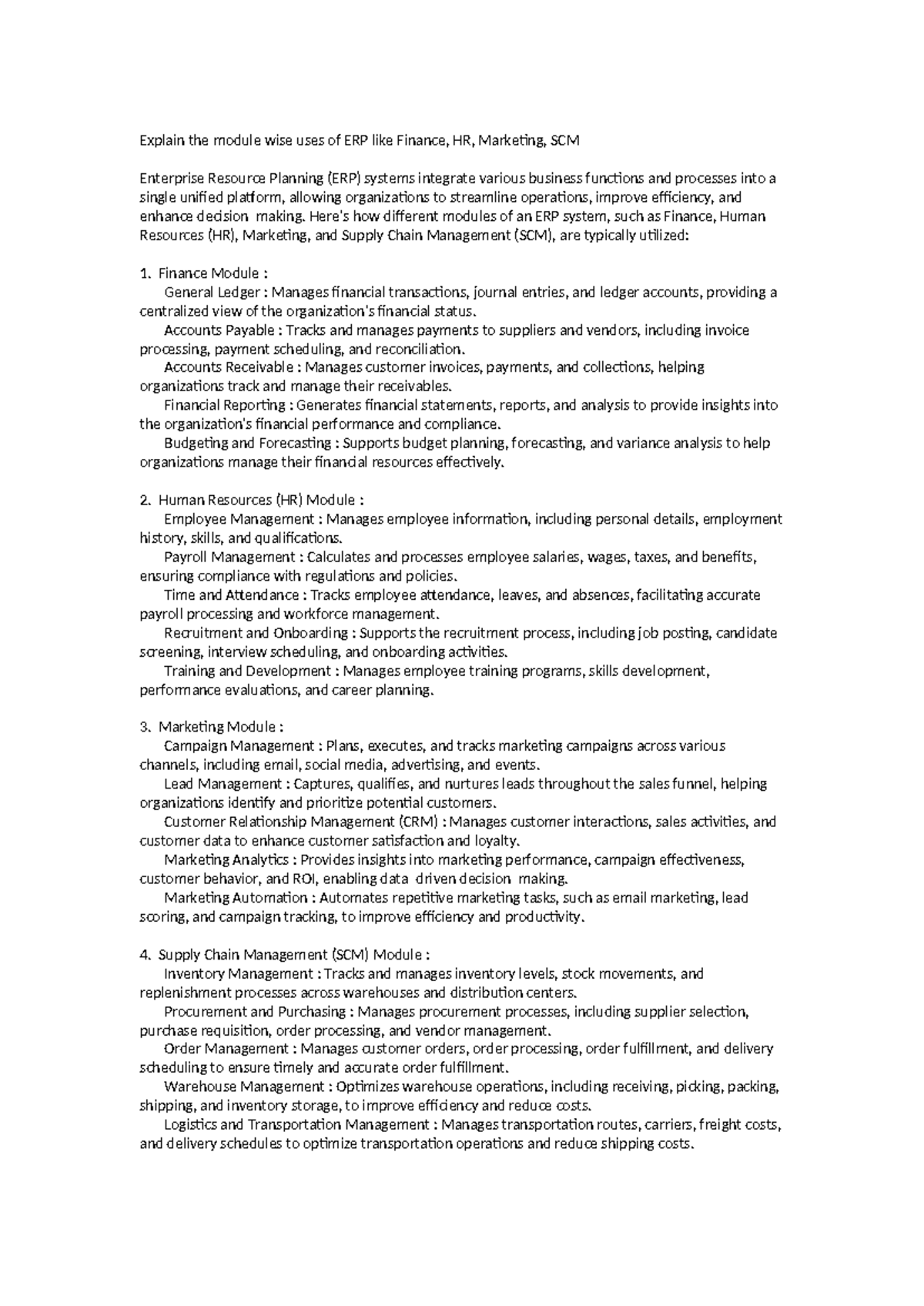 Erpha-2 - Explain the module wise uses of ERP like Finance, HR ...