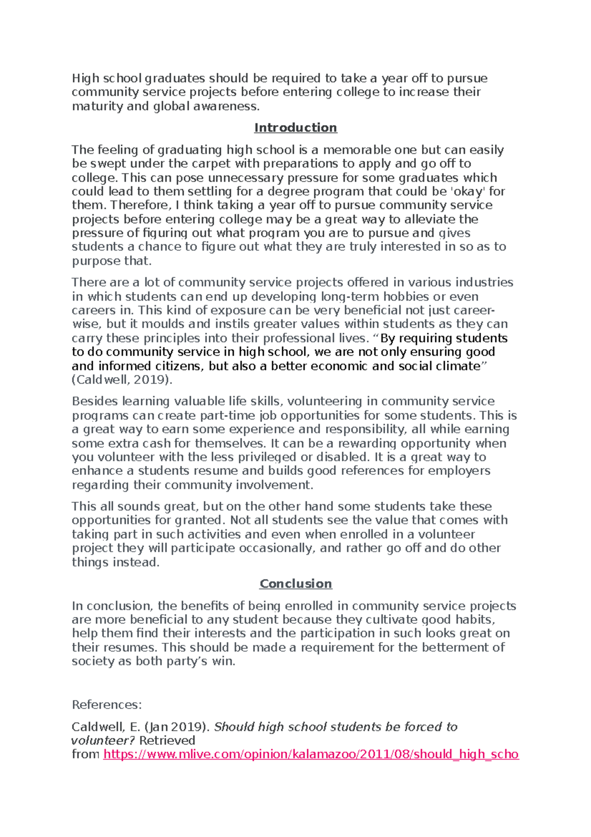 Thesis - High school graduates should be required to take a year off to ...