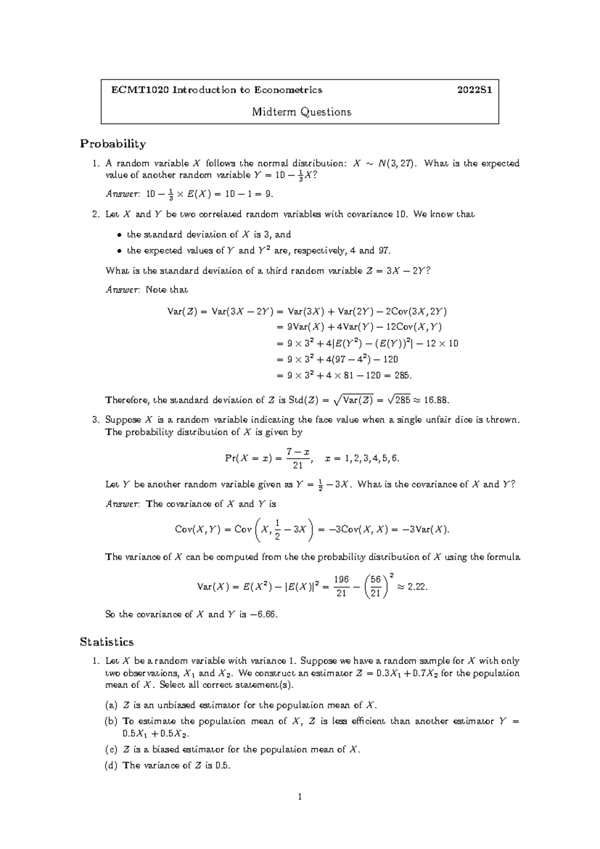 ECMT1020 2022S1 midterm - ECMT1020 Introduction to Econometrics 2022S Midterm Questions ...