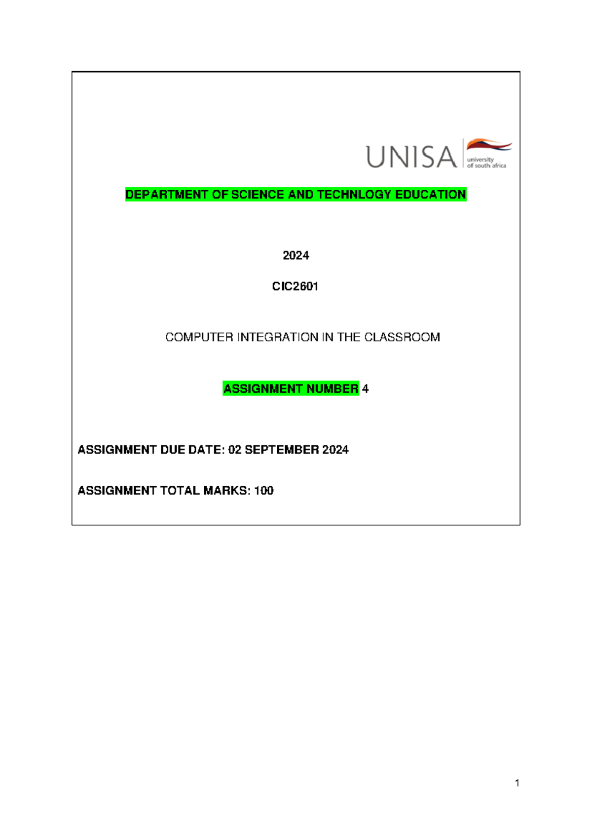 CIC2601 Assignment 04 - DEPARTMENT OF SCIENCE AND TECHNLOGY EDUCATION 2024 CIC COMPUTER ...