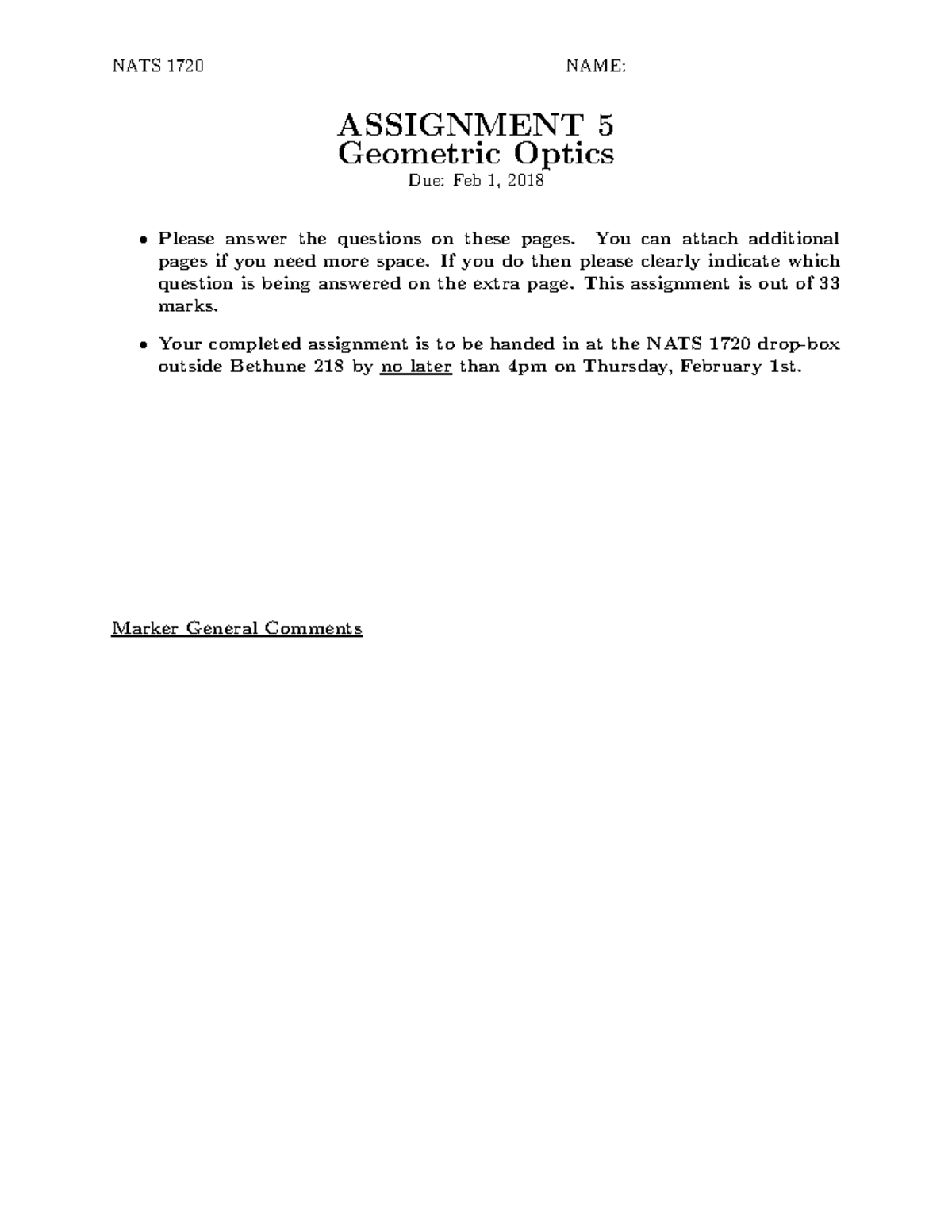 ASSIGNMENT number 5 - ASSIGNMENT 5 Geometric Optics Due: Feb 1, 2018 ...