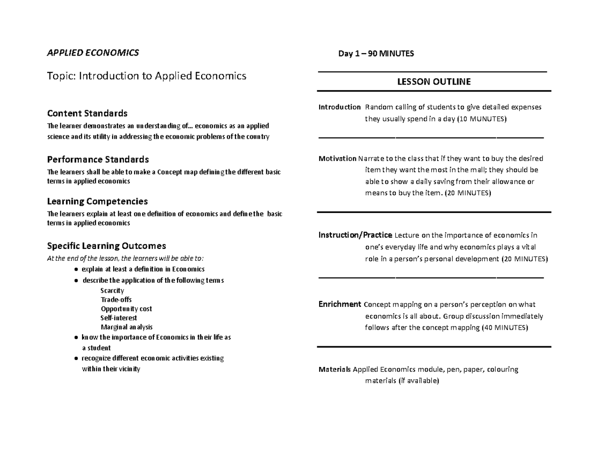 Pdfcoffee - lecture - APPLIED ECONOMICS Topic: Introduction to Applied ...