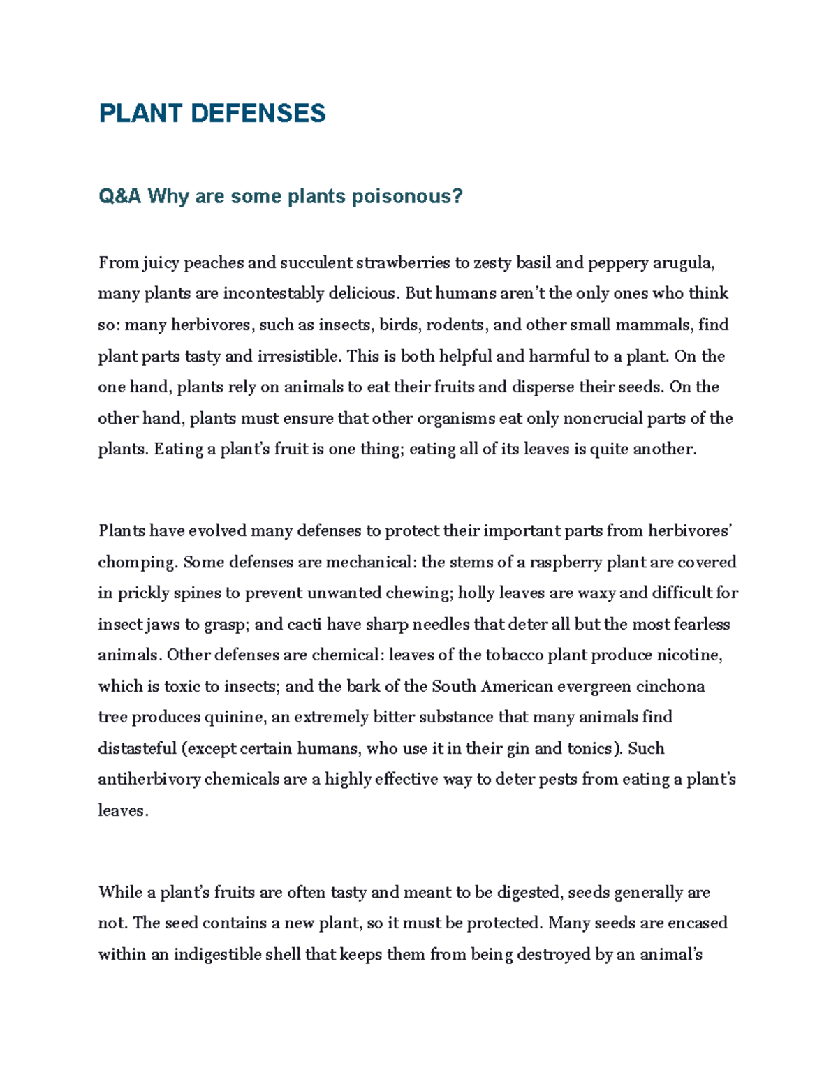 Bio ch. 25.5- Plant Defenses - PLANT DEFENSES Q&A Why are some plants ...