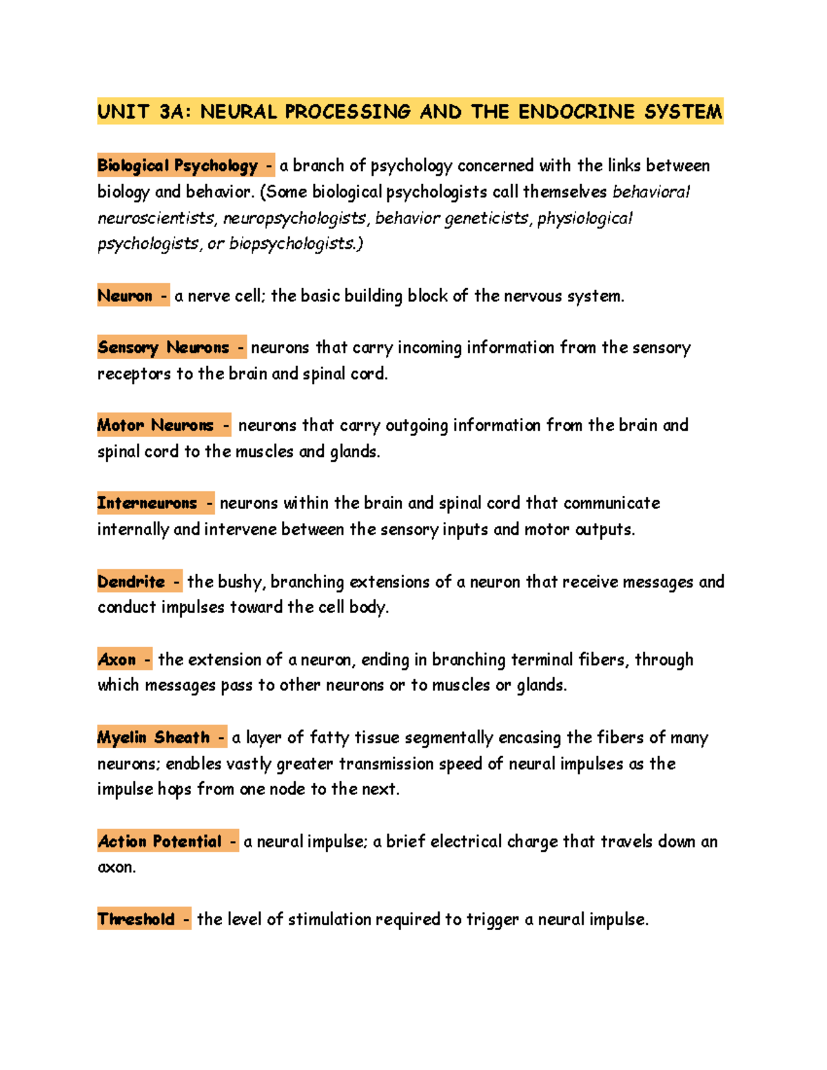 Unit 3 - Biological Bases of Behavior Vocabulary List - UNIT 3A: NEURAL ...