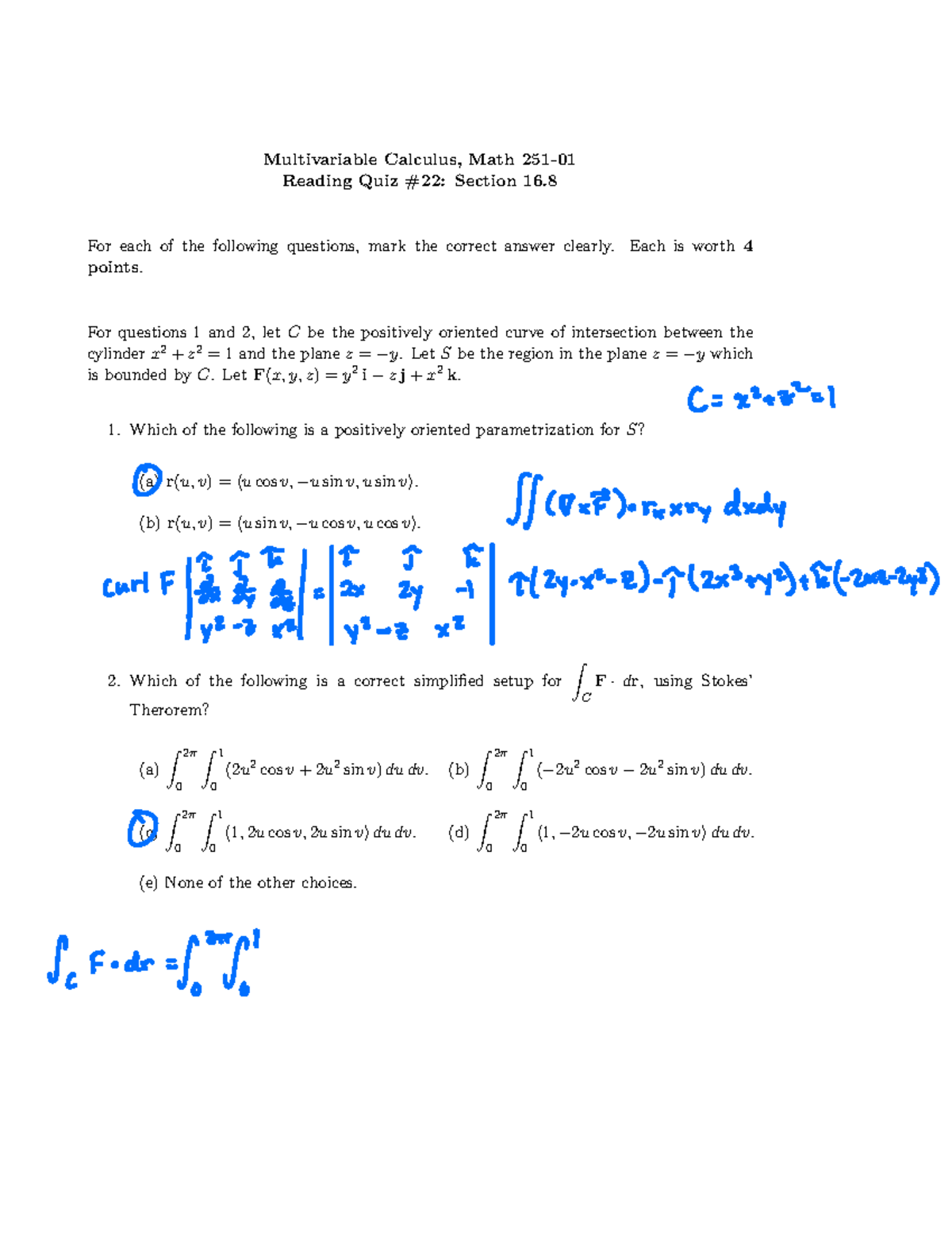 Reading Quiz #22 - Section 16 - Multivariable Calculus, Math 251 ...