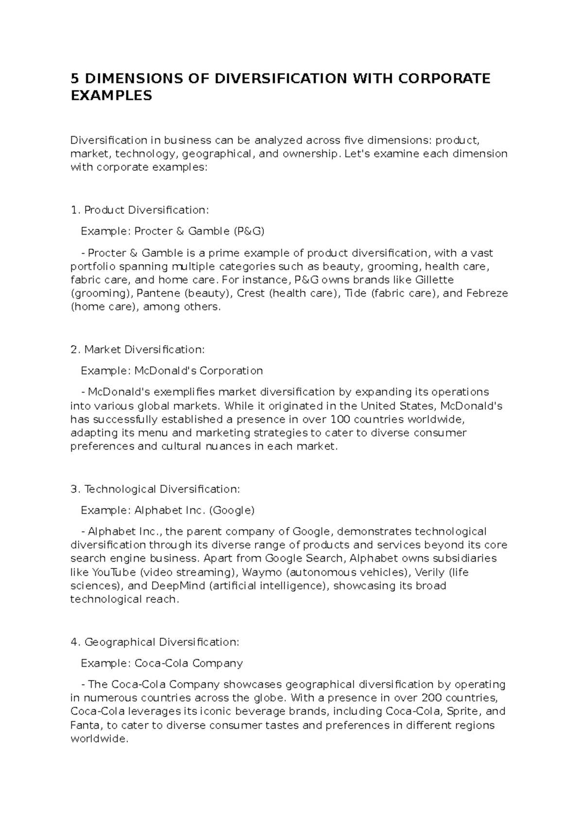 5 Dimensions OF Diversification WITH Corporate Examples - 5 DIMENSIONS ...