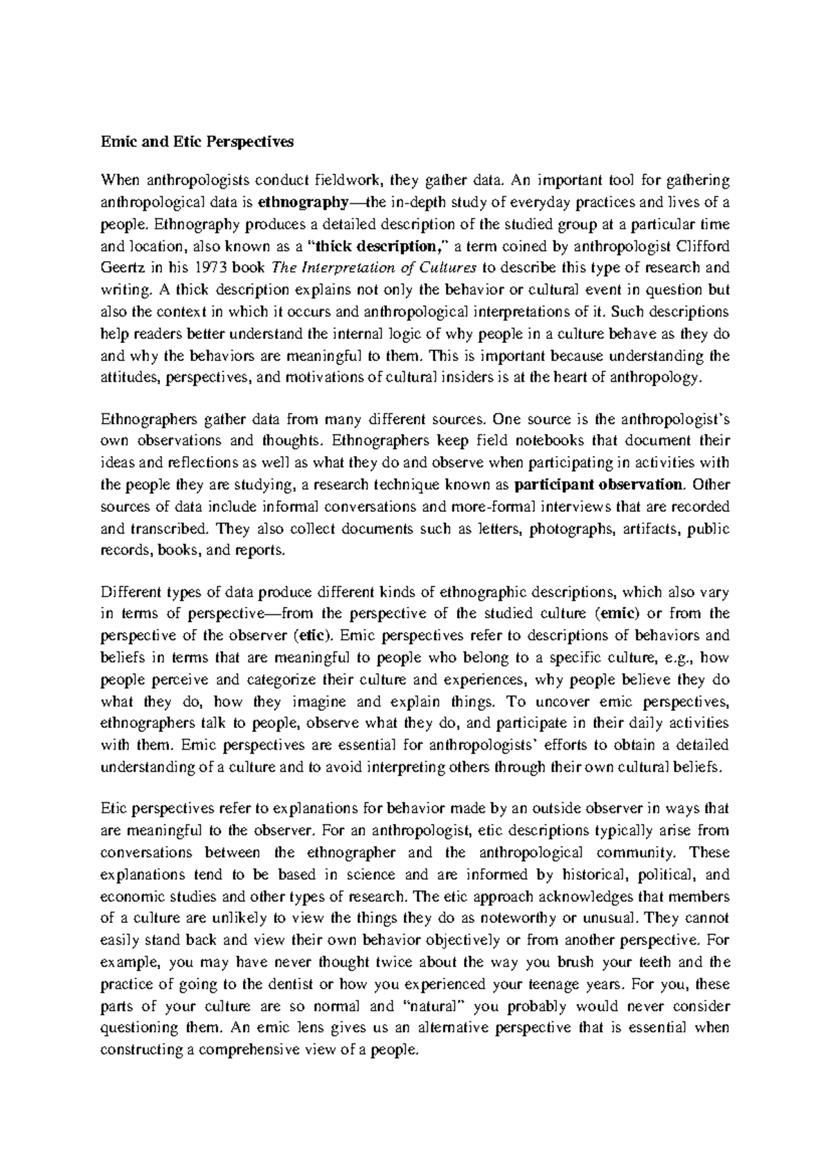 Etic-emic-1 - COURSE MATERIAL QUALITATIVE RESEARCH - Emic and Etic ...