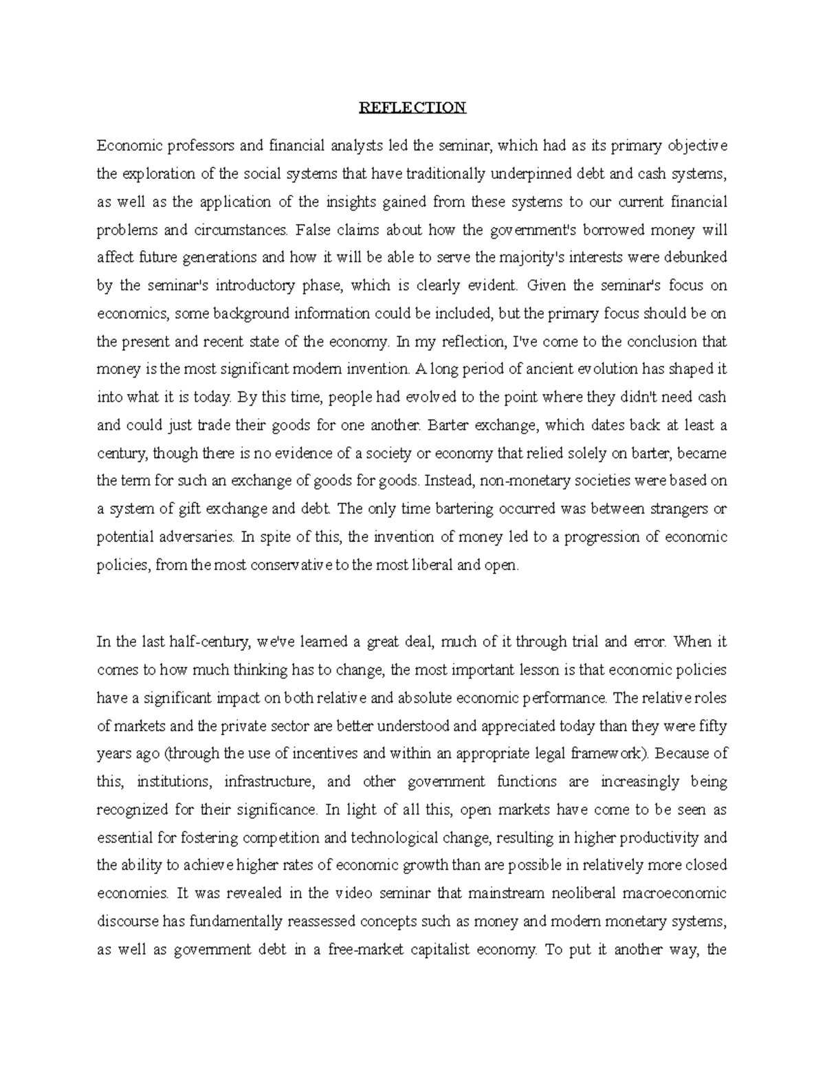 Reflection - REFLECTION Economic professors and financial analysts led ...