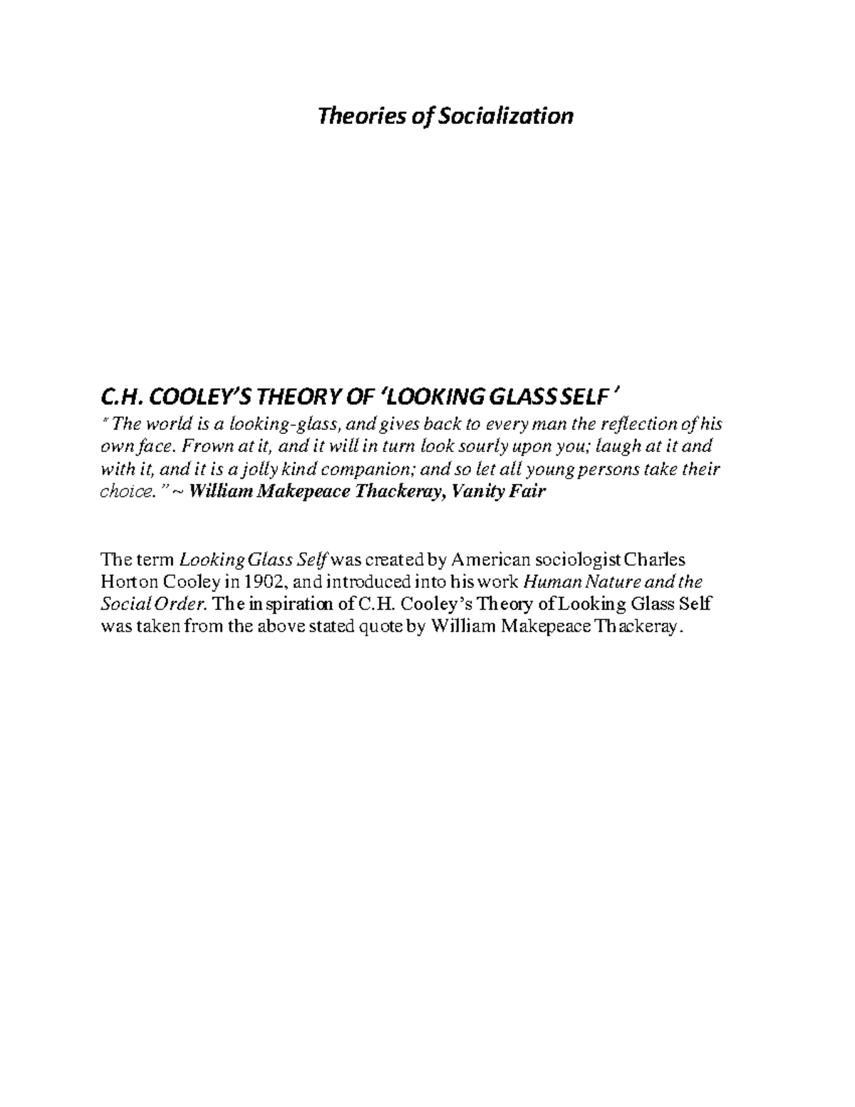 Theories of Socialisation - COOLEY’S THEORY OF ‘LOOKING GLASS SELF ...