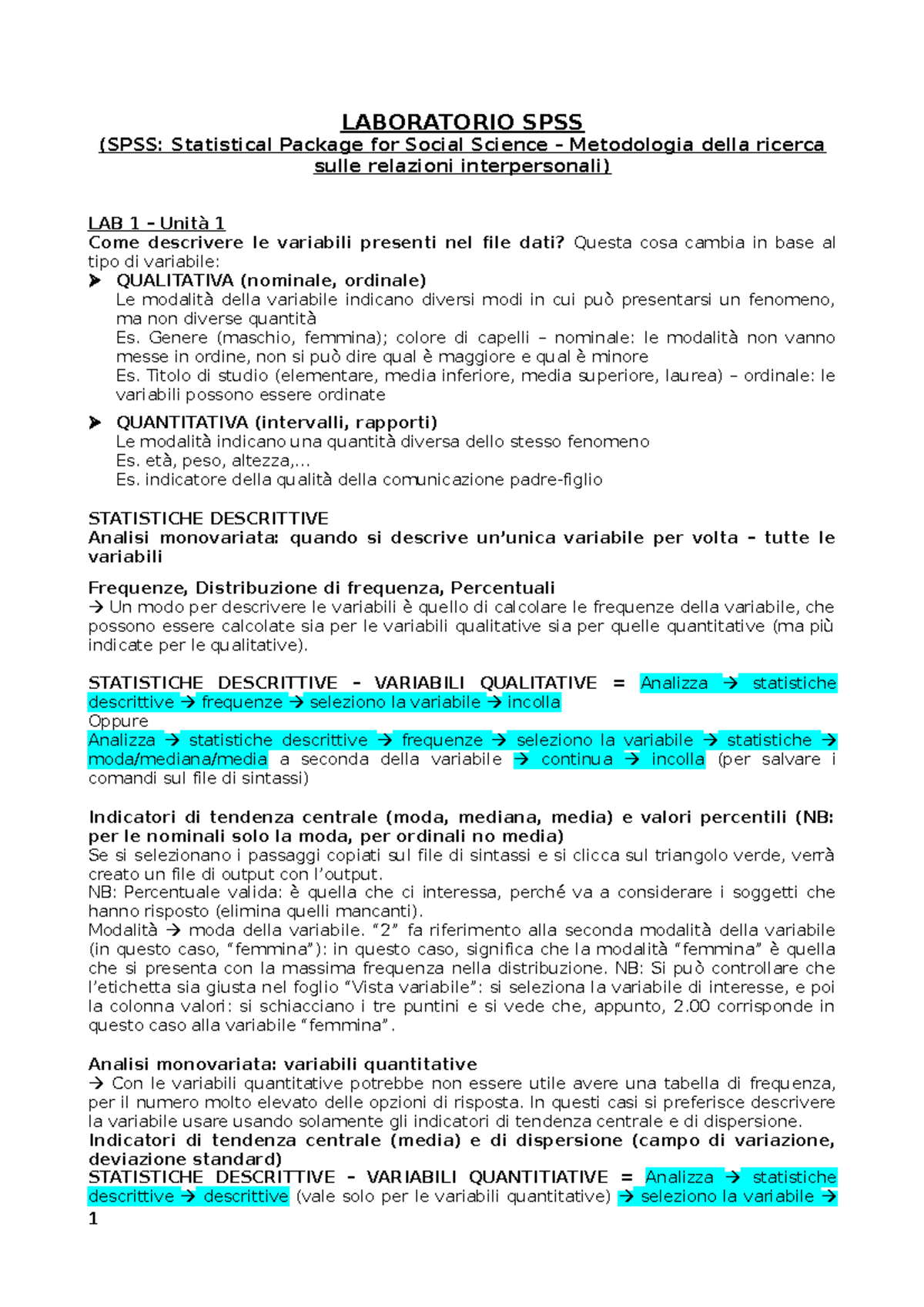 Laboratorio SPSS - Metodologia della Ricerca Psicologica - UniCatt ...
