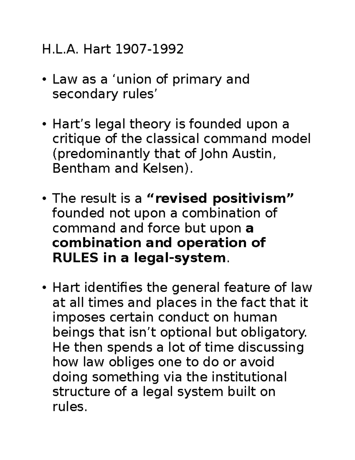 H.L.A. Hart - H.L. Hart 1907-1992 • Law as a ‘union of primary and ...