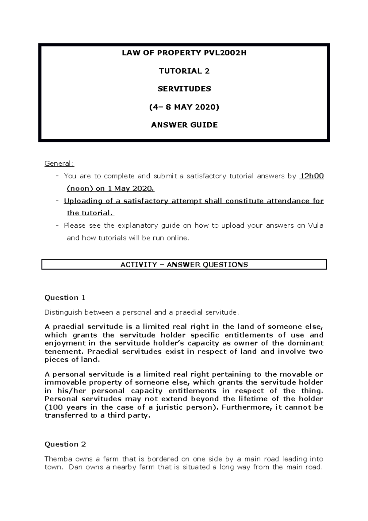 Law of Property - PVL2002 H - Tutorial 2 - 4 - 8 May 2020 - Answer ...