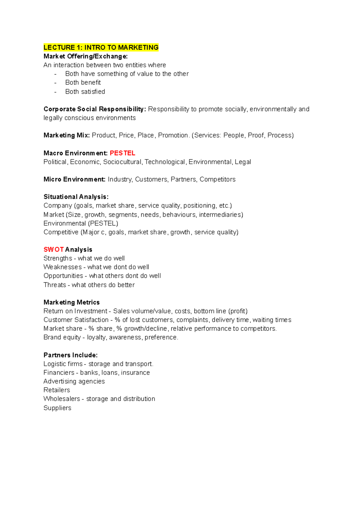 Refined Lecture Notes - LECTURE 1: INTRO TO MARKETING Market Offering ...