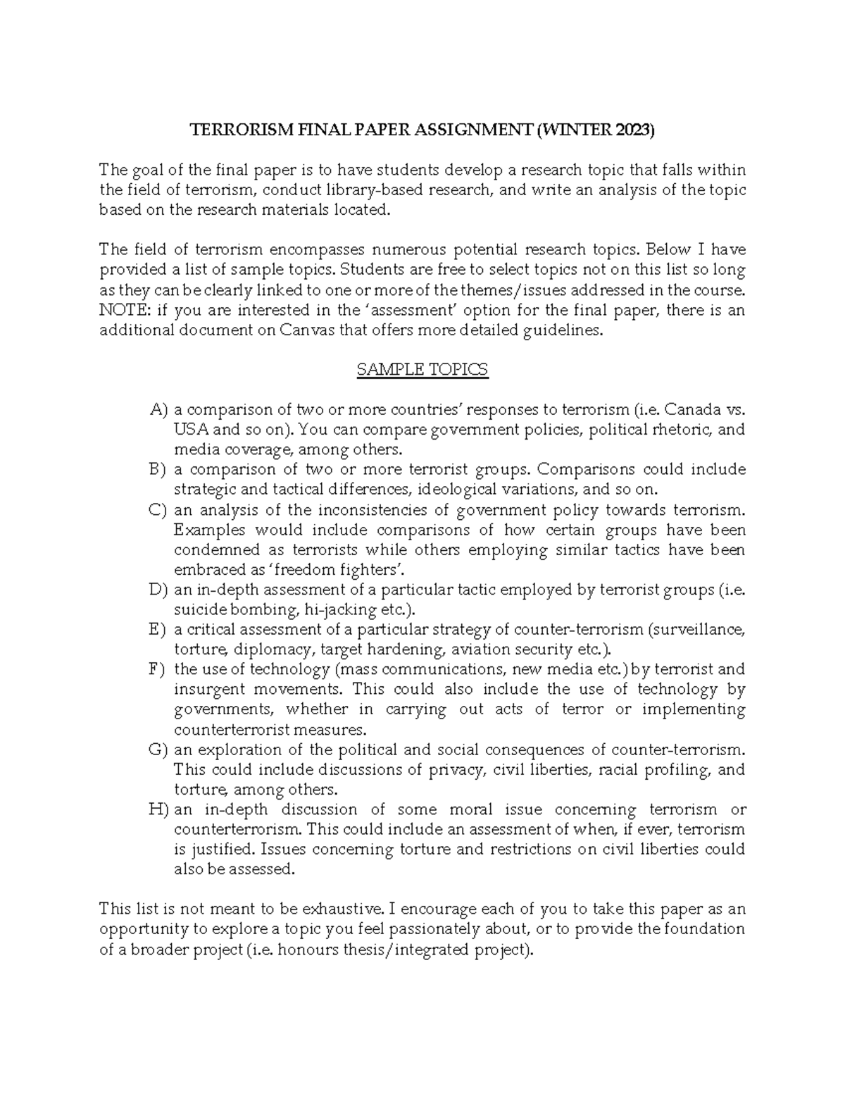 Terrorism Final Paper 2023 - TERRORISM FINAL PAPER ASSIGNMENT (WINTER ...