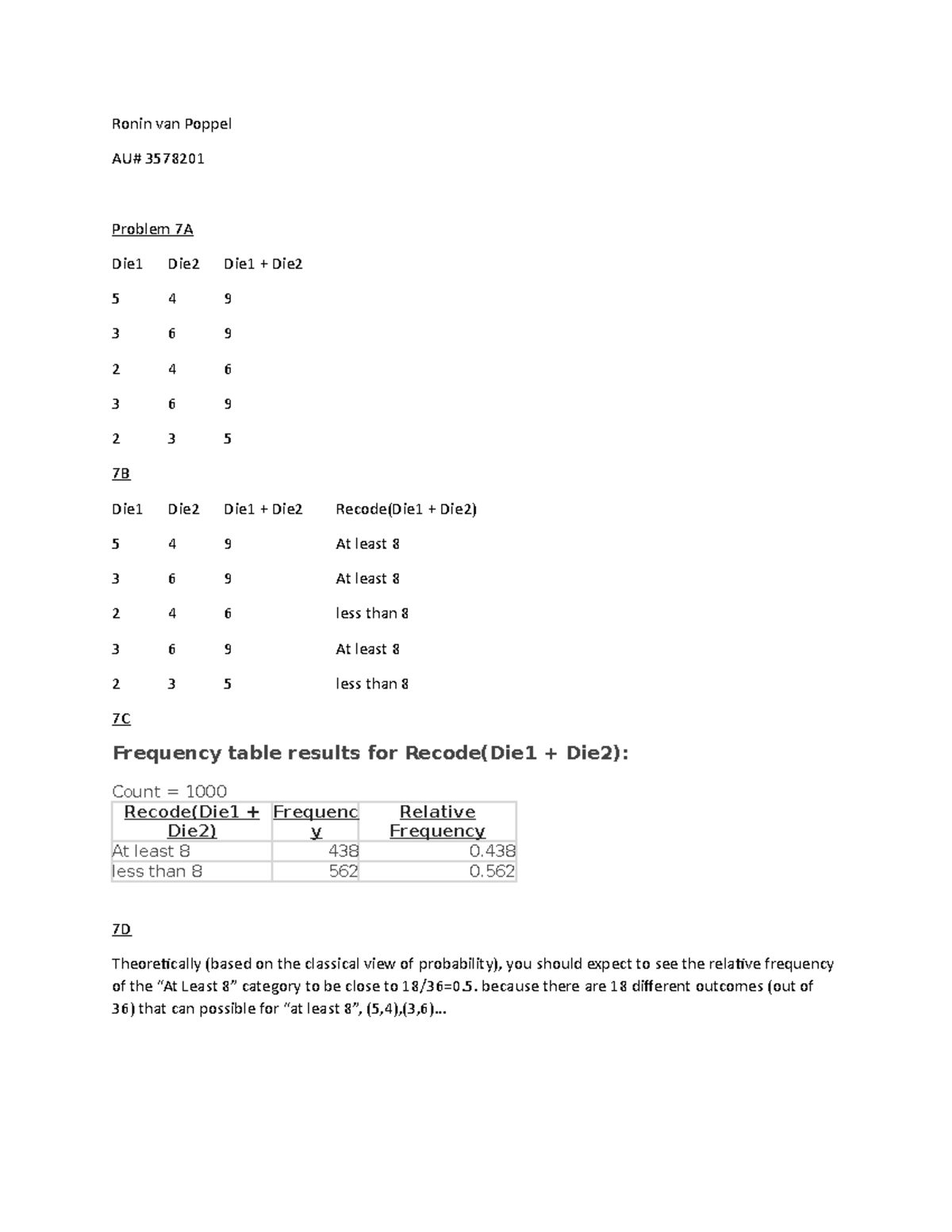 Assign 2B - Ronin van Poppel AU# 3578201 Problem 7A Die1 Die2 Die1 + Die 5 4 9 3 6 9 2 4 6 3 6 9 ...