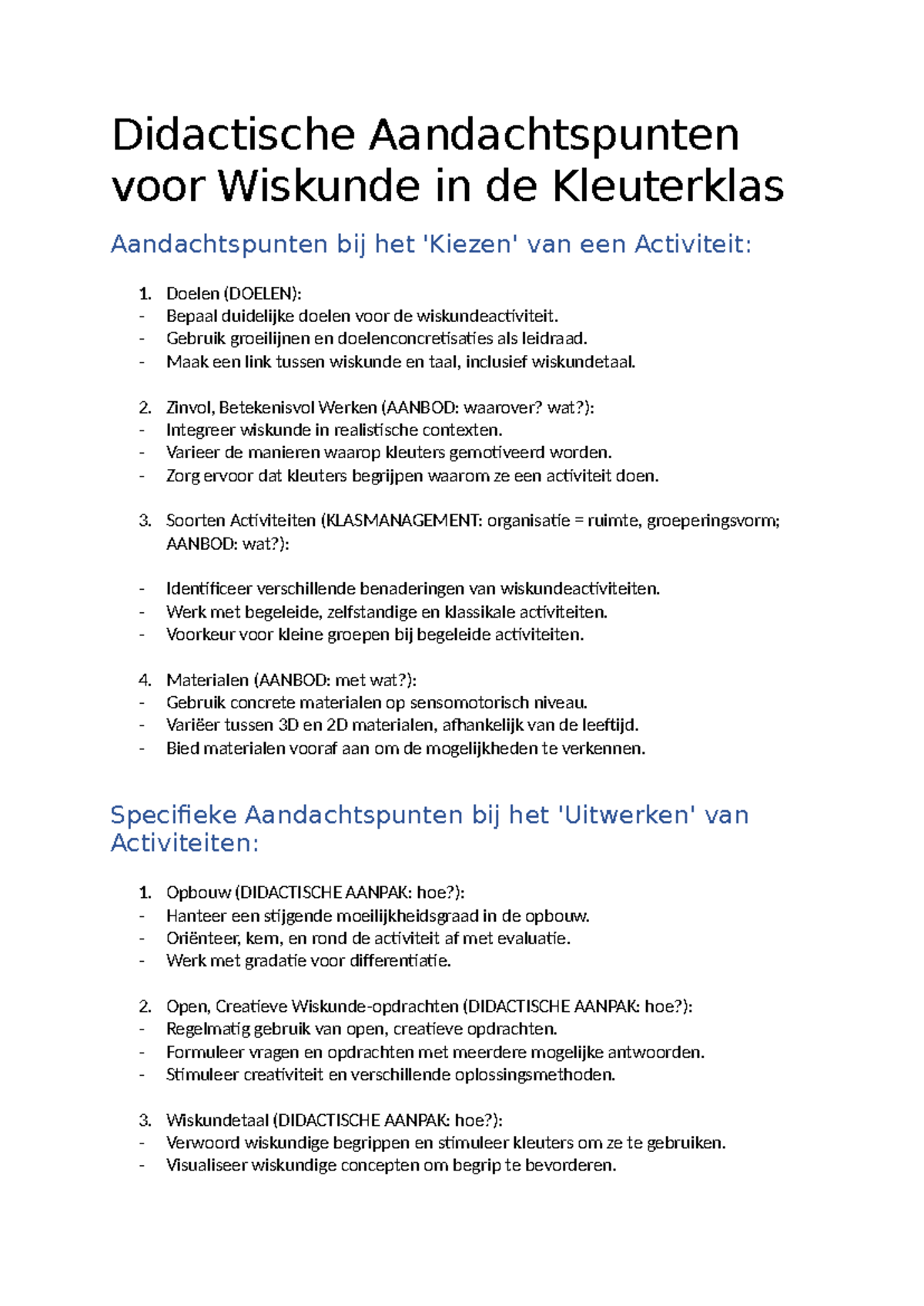 Samenvatting Didactische Aandachtspunten voor Wiskunde in de Kleuterklas - Didactische - Studocu