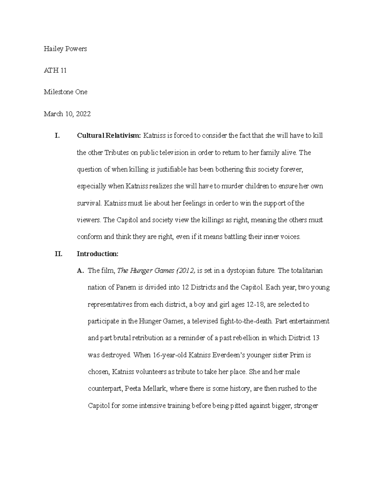 ATH 111 milestone one - Graded as A - Hailey Powers ATH 11 Milestone ...