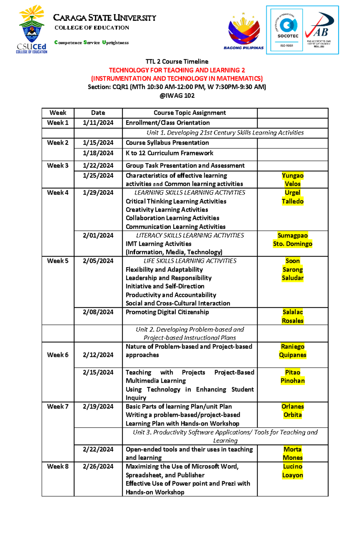 TTL-2-Course-Timeline Section-CQR1 - COLLEGE OF EDUCATION CARAGA STATE ...