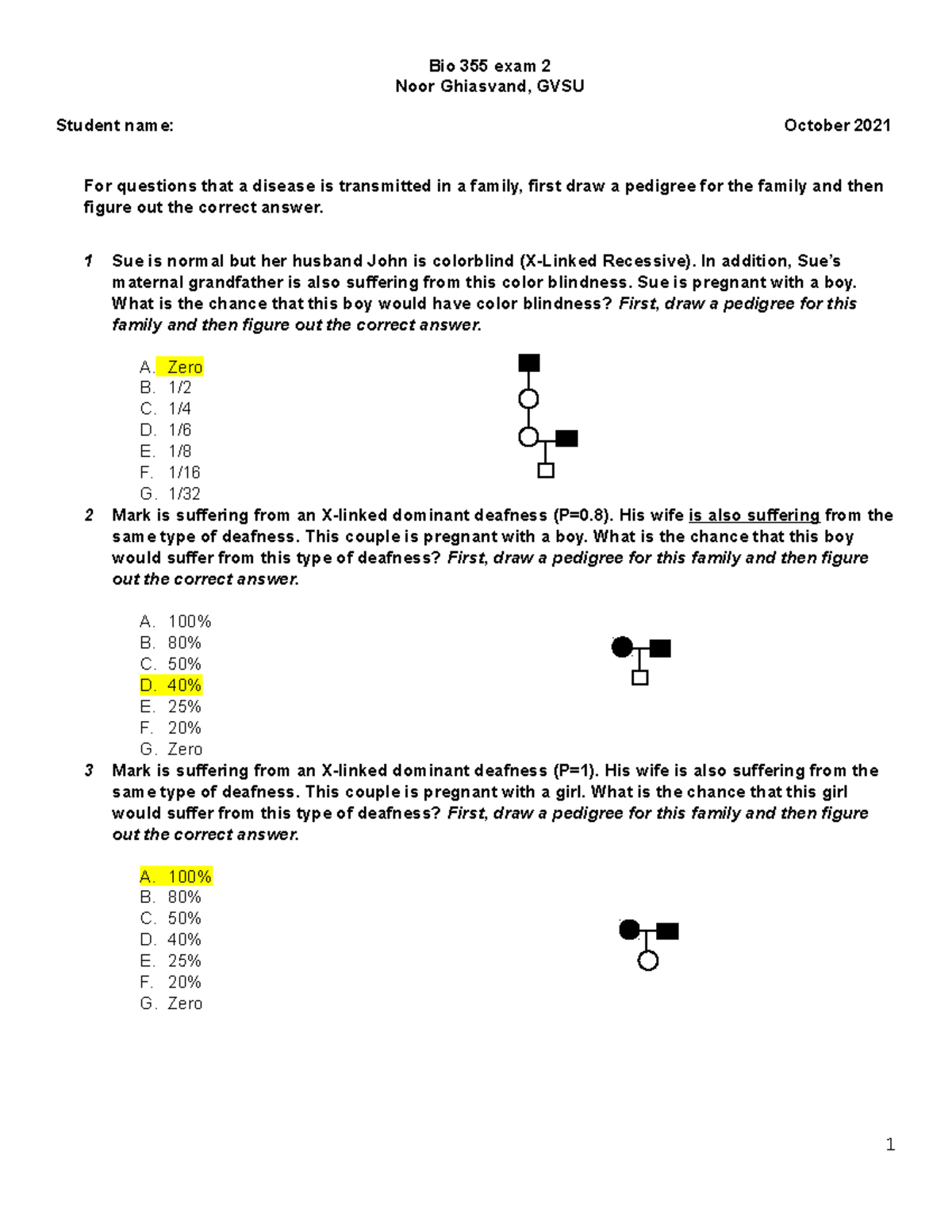 Genetics Exam 2 - Bio 355 exam 2 Noor Ghiasvand, GVSU Student name ...