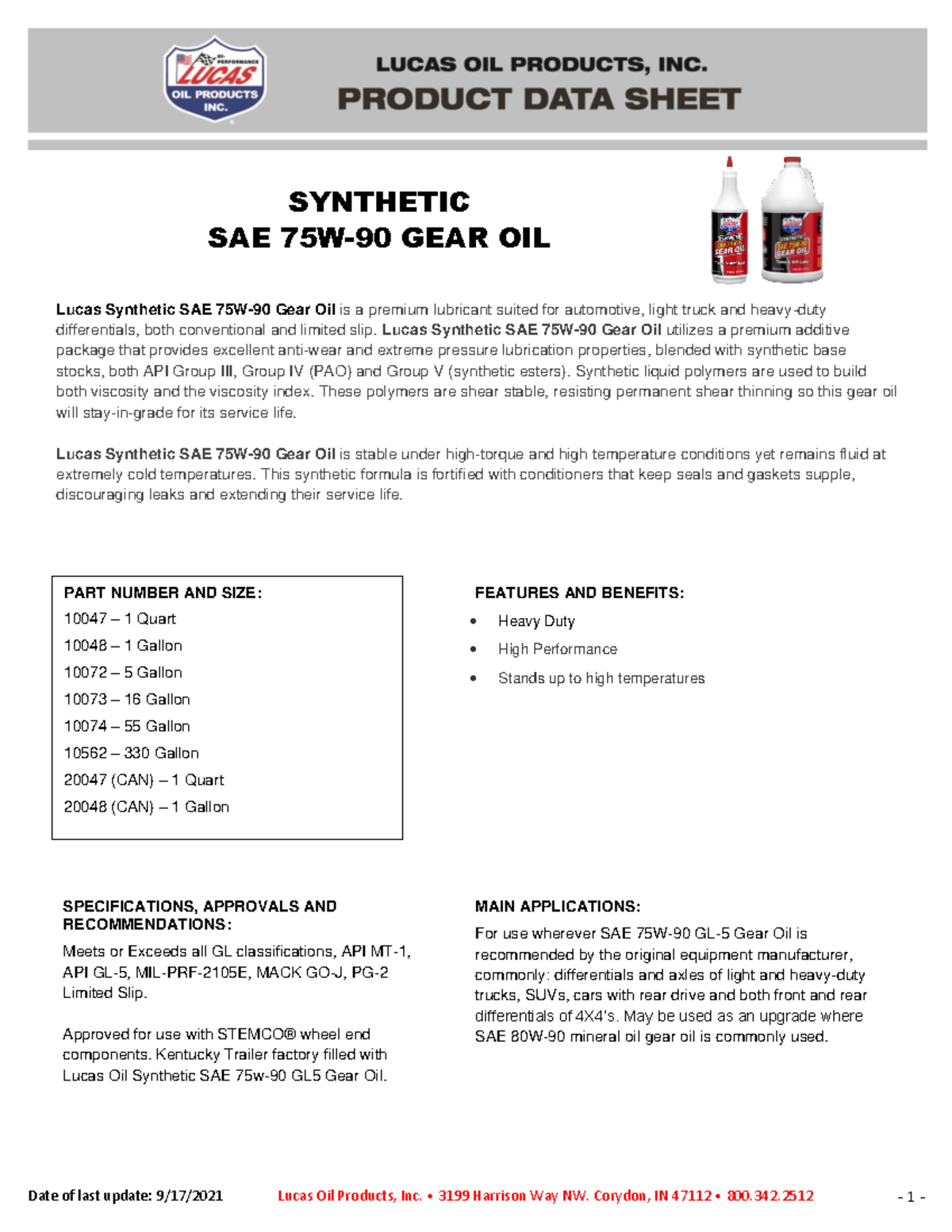 PDS Synthetic SAE 75W-90 Gear Oil - Date of last update: 9/17/2021 ...
