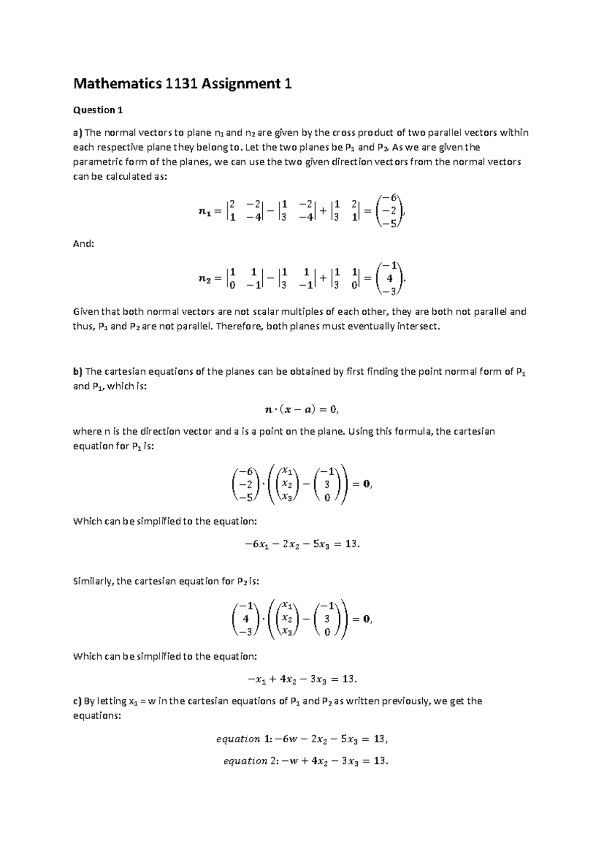 Mathematics 1131 assignment - Mathematics 1131 Assignment 1 Question 1 a) The normal vectors to ...