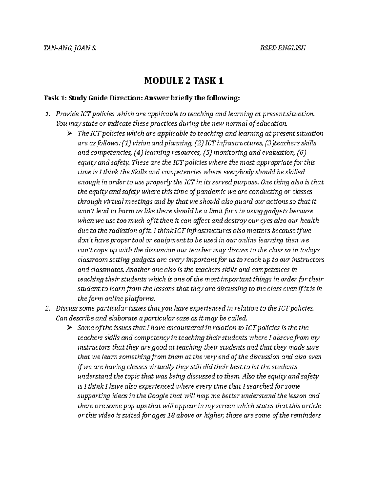 TAN M2 - another activity given to us. - TAN-ANG, JOAN S. BSED ENGLISH MODULE 2 TASK 1 Task 1 ...
