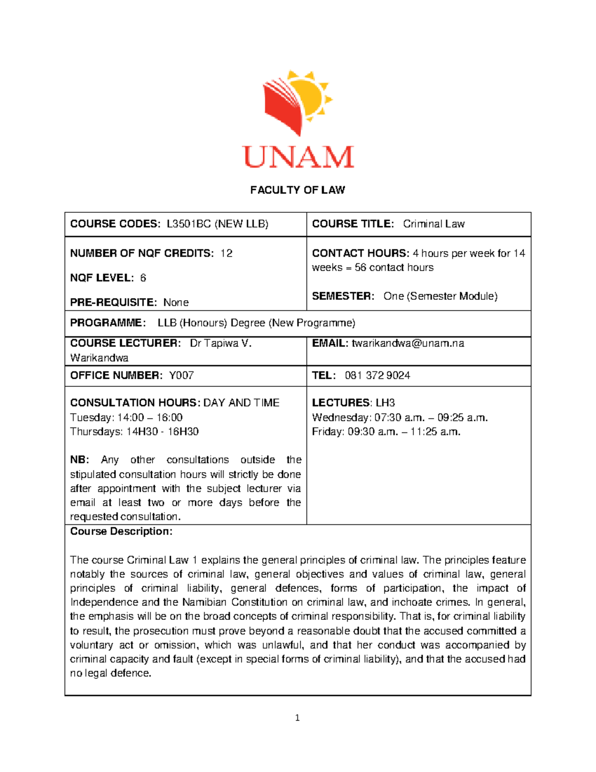 Criminal Law Course Outline 2023 New LLB - FACULTY OF LAW COURSE CODES ...