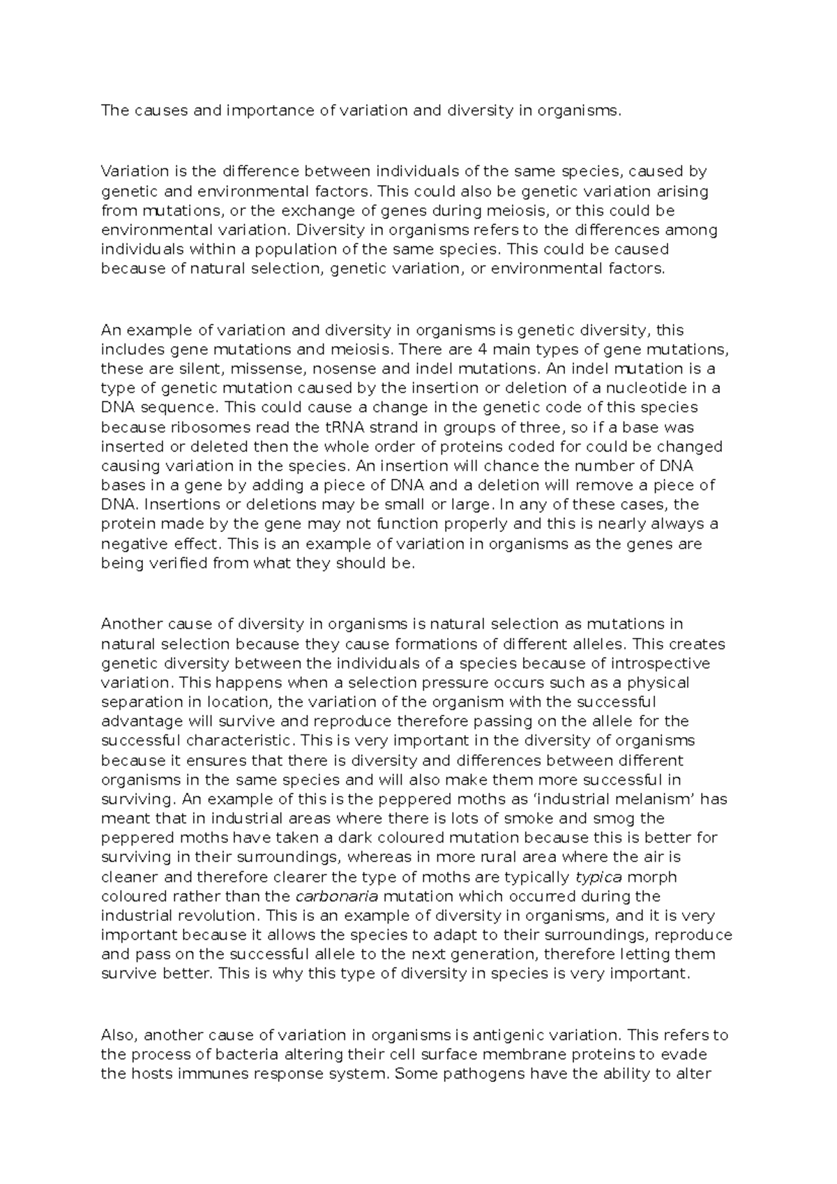 25mark essay - The causes and importance of variation and diversity in ...