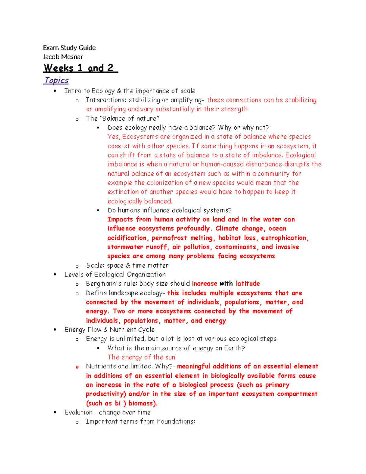 Ecology exam 1 study guide - Exam Study Guide Jacob Mesnar Weeks 1 and ...