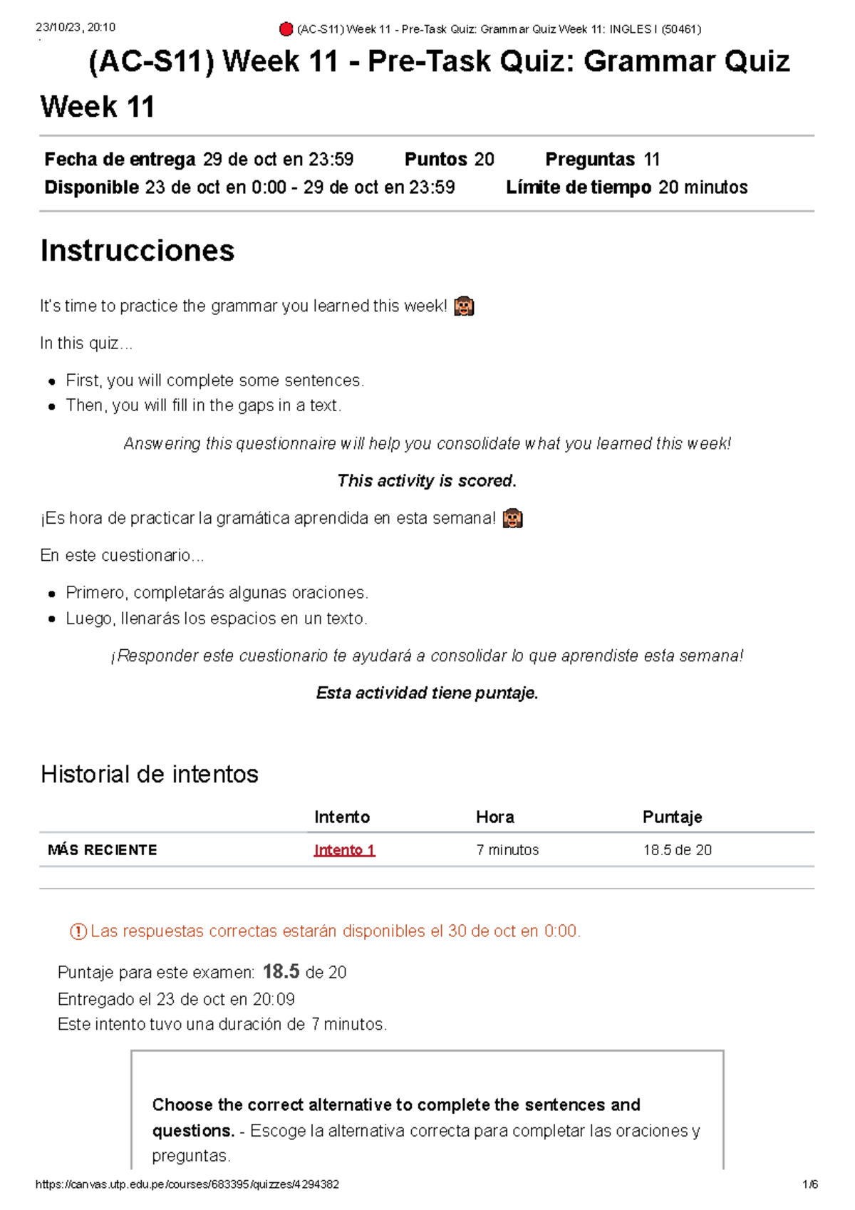(AC-S11) Week 11 - Pre-Task Quiz Grammar Quiz Week 11 Ingles I - 🔴 (AC-S11) Week 11 - Pre-Task ...