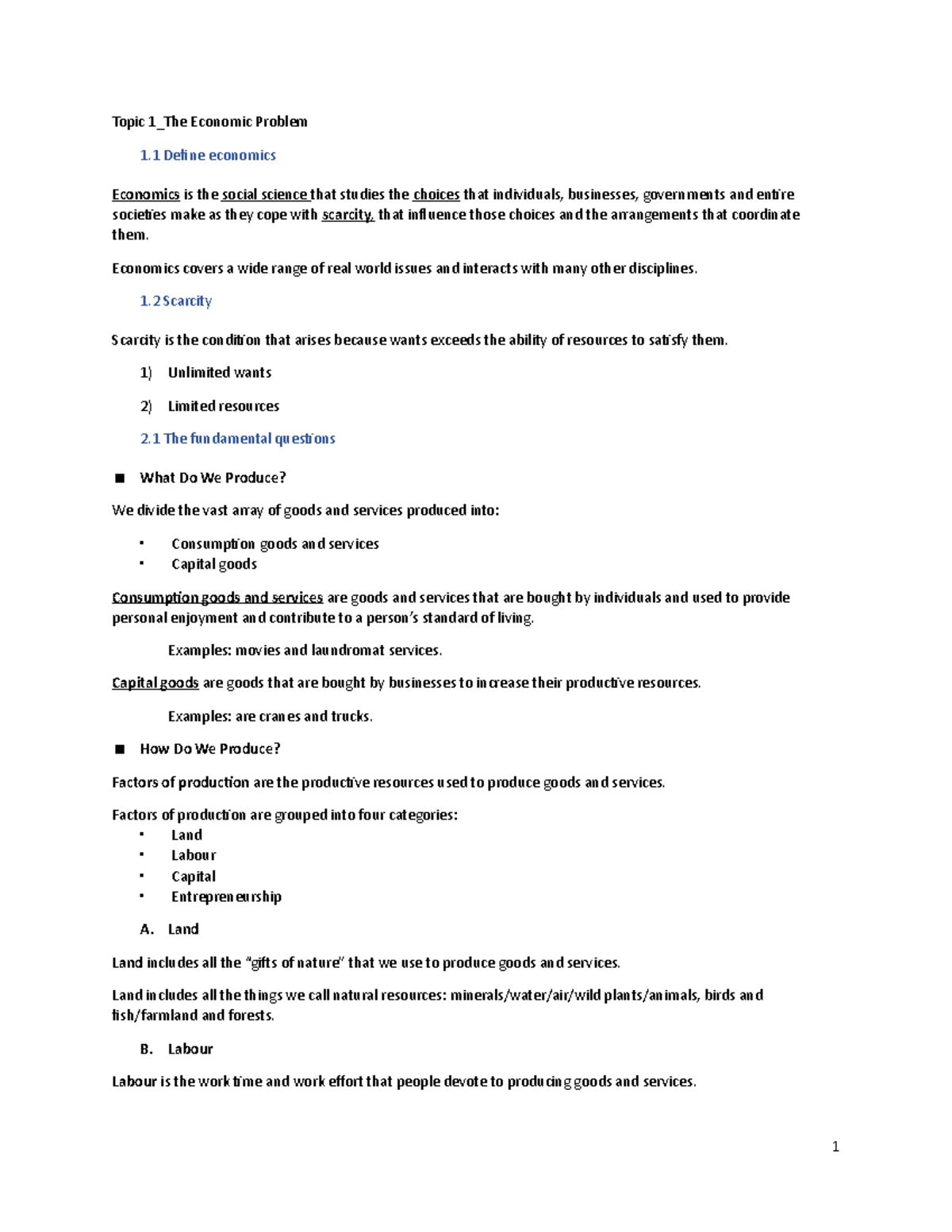 Lecture Notes_Topic 1 The Economic Problem_2020 - Topic 1_The Economic ...