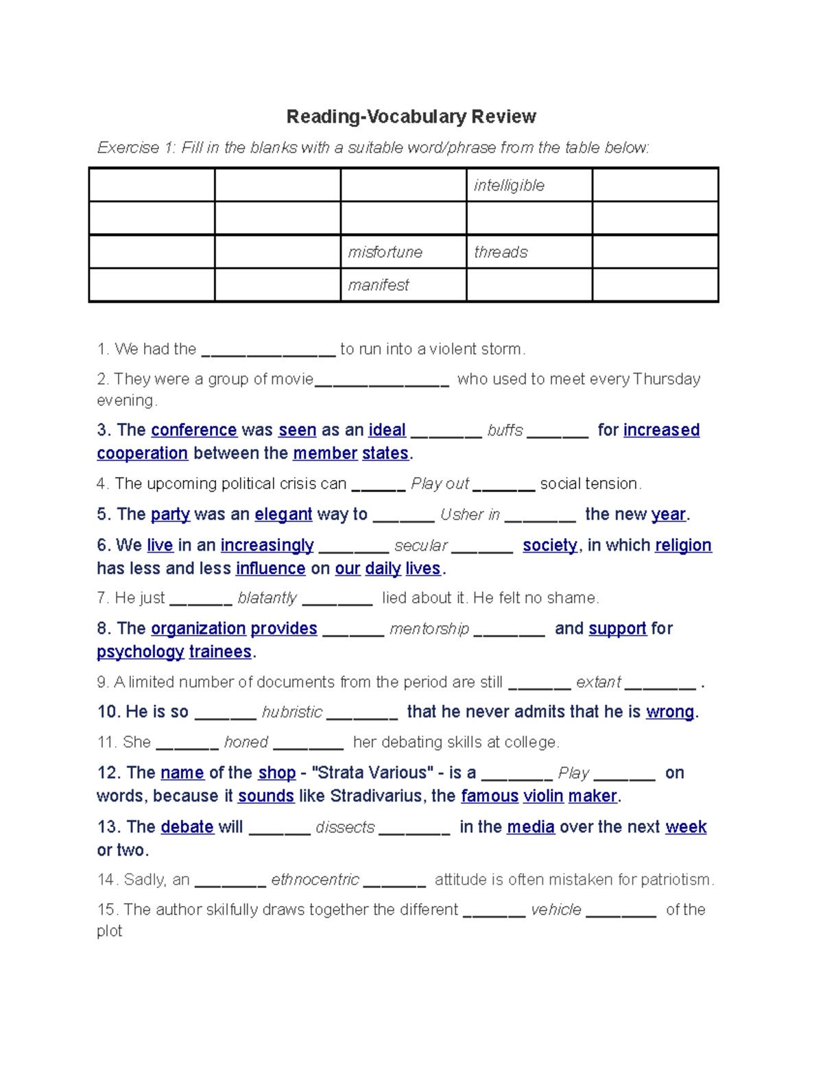 [Revised] Reading+Vocab Exercise - Reading-Vocabulary Review Exercise 1 ...