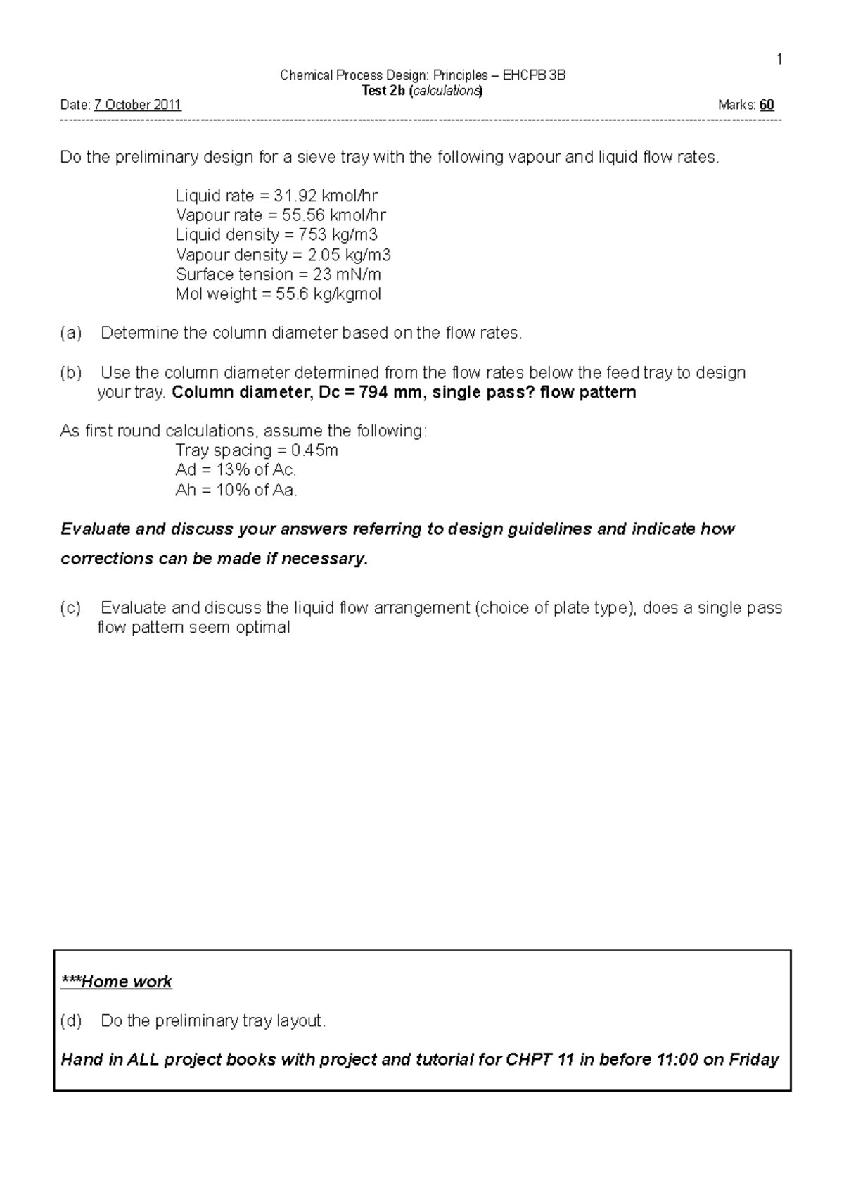 CPB3B Test2b S2 2011 and memo - Chemical Process Design: Principles ...