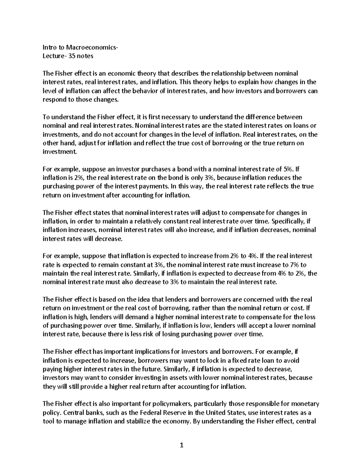 Intro to Macroeconomics, lecture-35 notes - 1 Intro to Macroeconomics ...