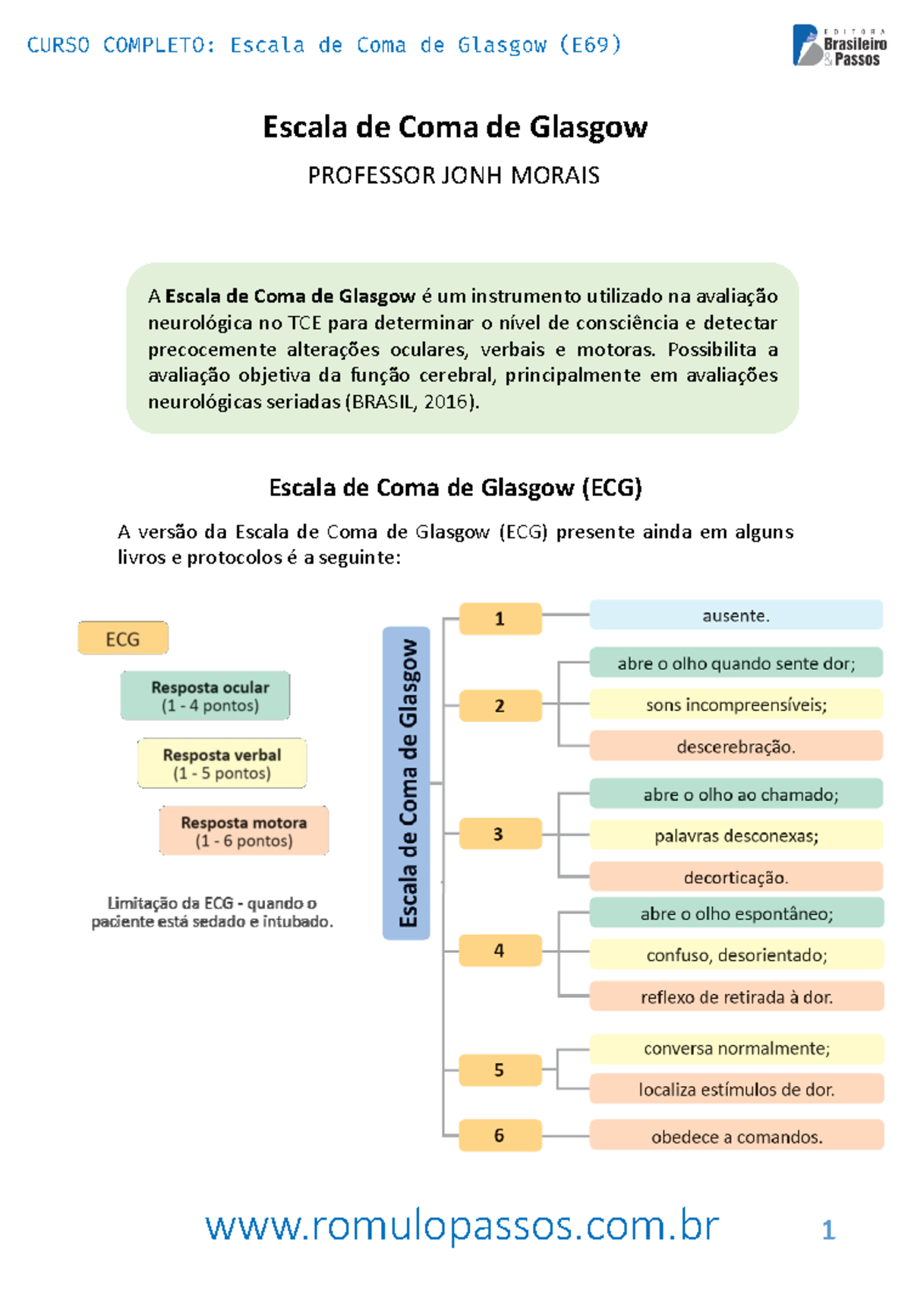Escala de coma de glasgow aula atualizada 2023 - Escala de Coma de ...