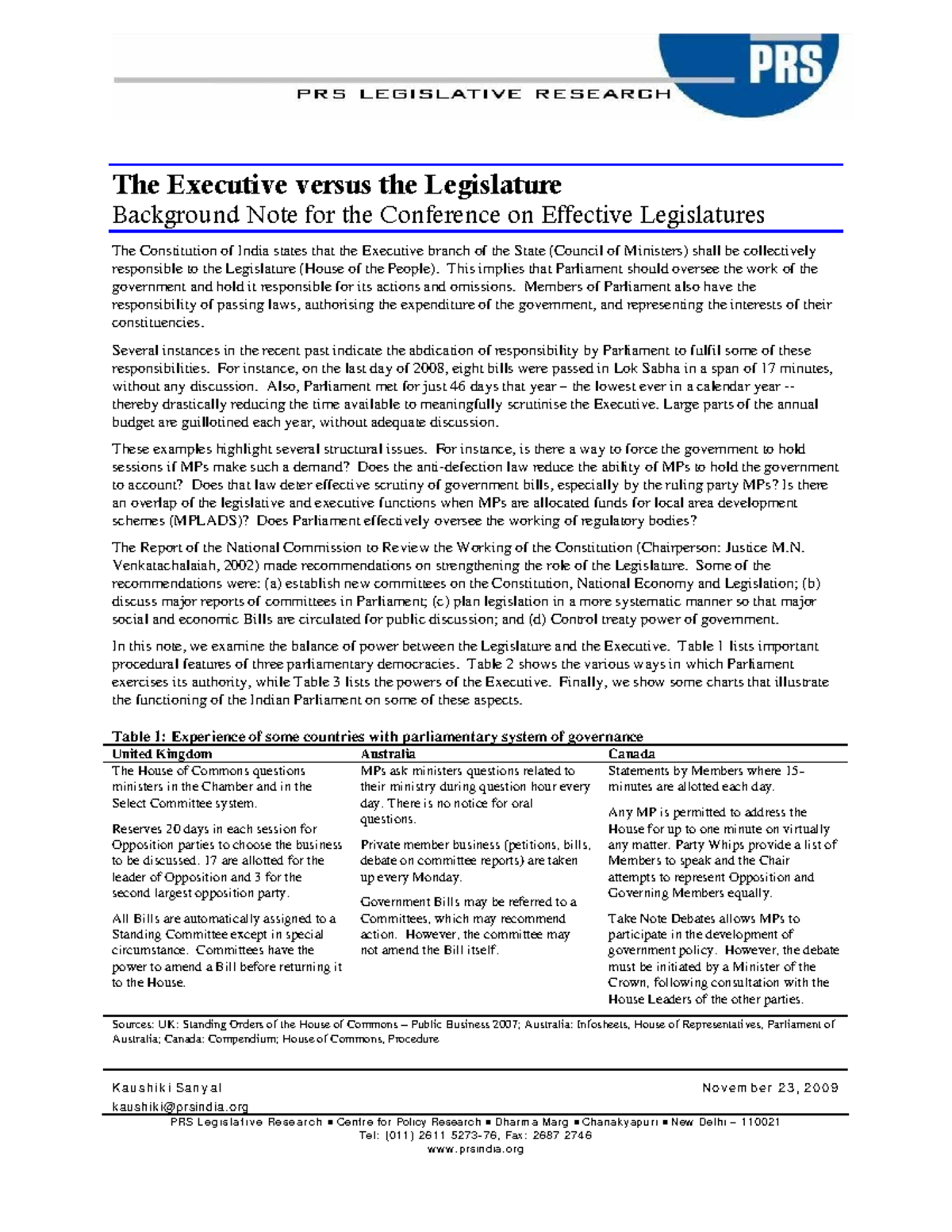 Executive vs Legislature - Kaushiki Sanyal kaushiki@prsindia November ...