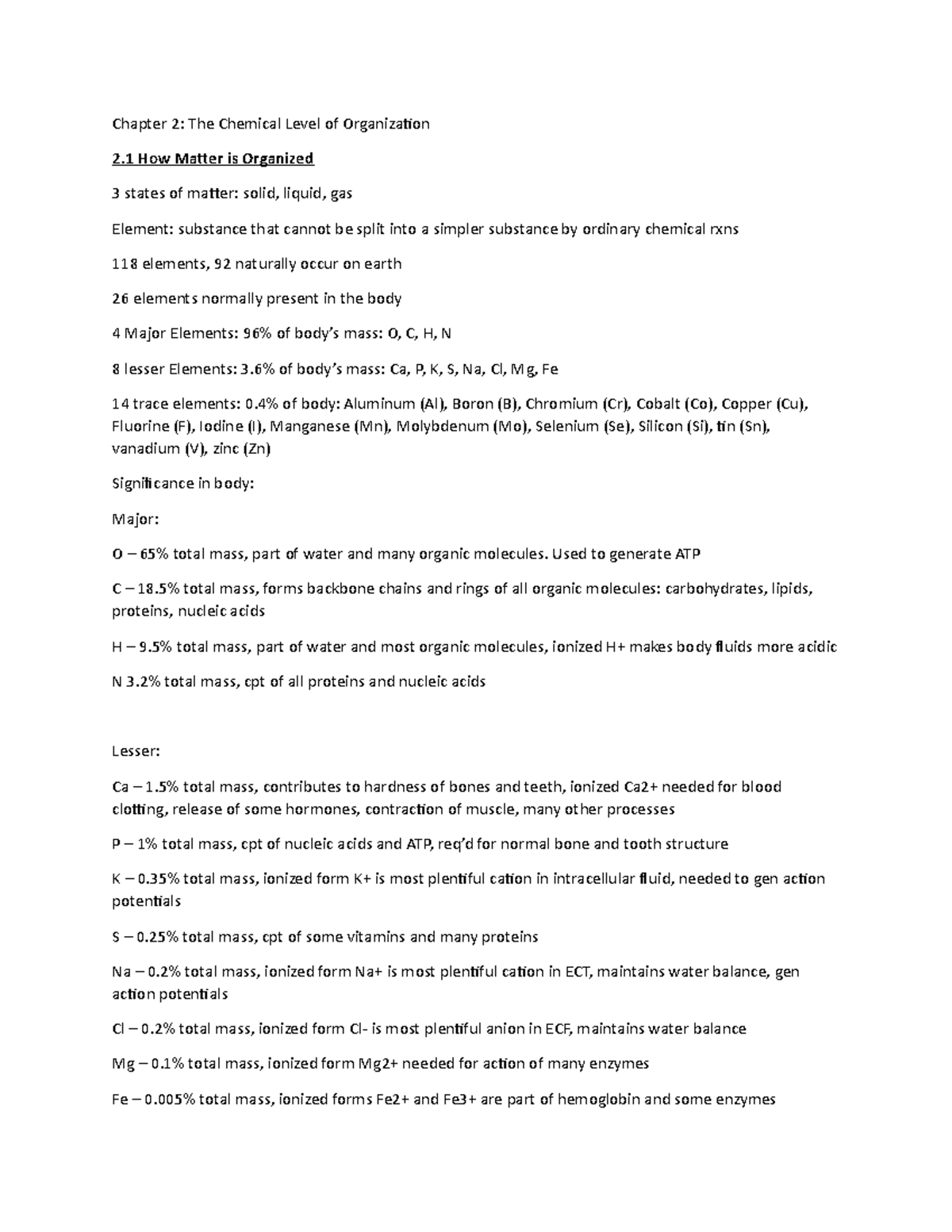 Chapter 1 - LECTURE NOTE - Chapter 2: The Chemical Level of ...
