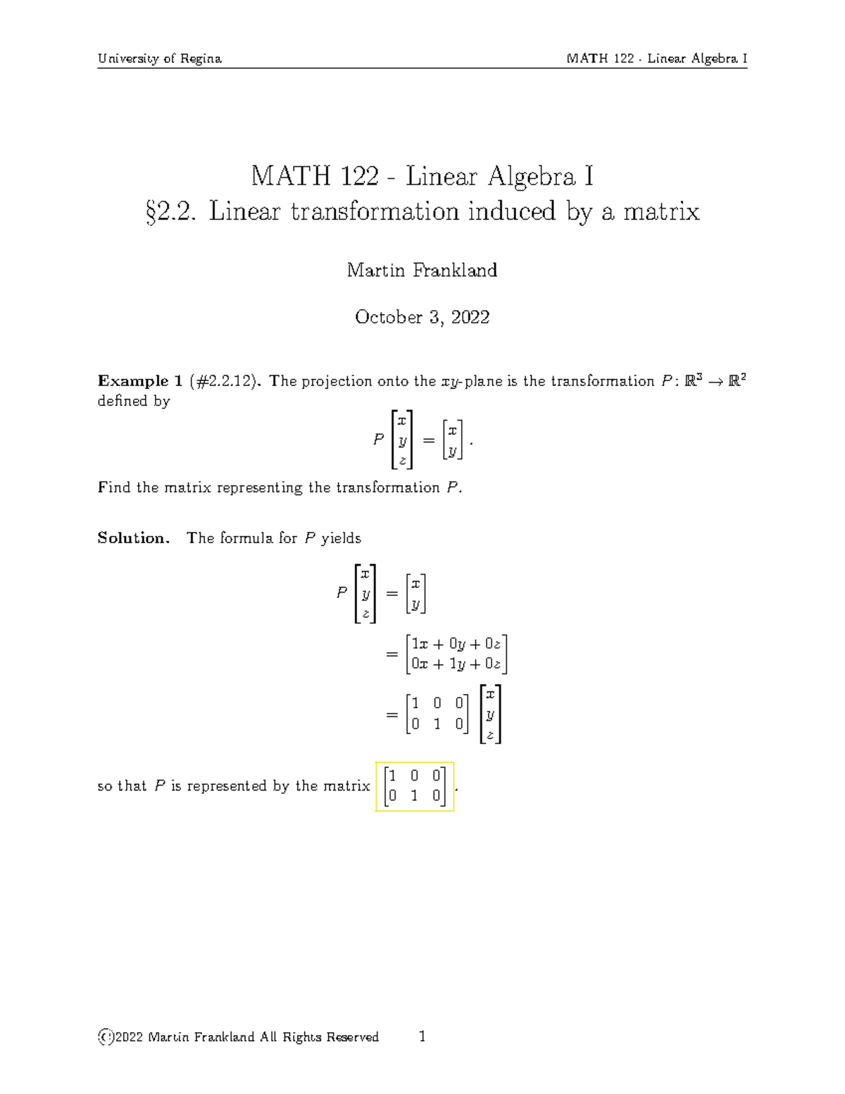 Math122 2-2 Linear Transformation - University of Regina MATH 122 - Linear Algebra I MATH 122 ...