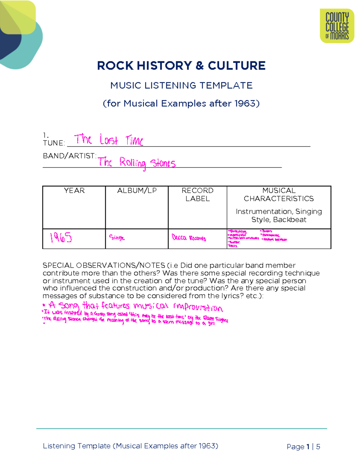 Listening Template (Musical Examples after 1963) - ROCK HISTORY ...