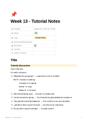 Week 9 - Tutorial Notes - Portuguese for beginners - Week 9 - Tutorial ...