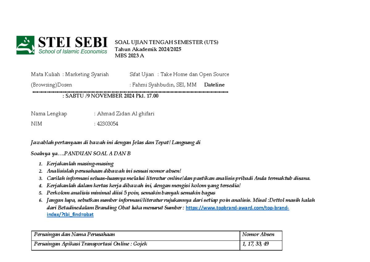 UTS Marketing Syariah Ahmad Zidan Al ghifari -MBS 2023 A - NIM 42303054 ...