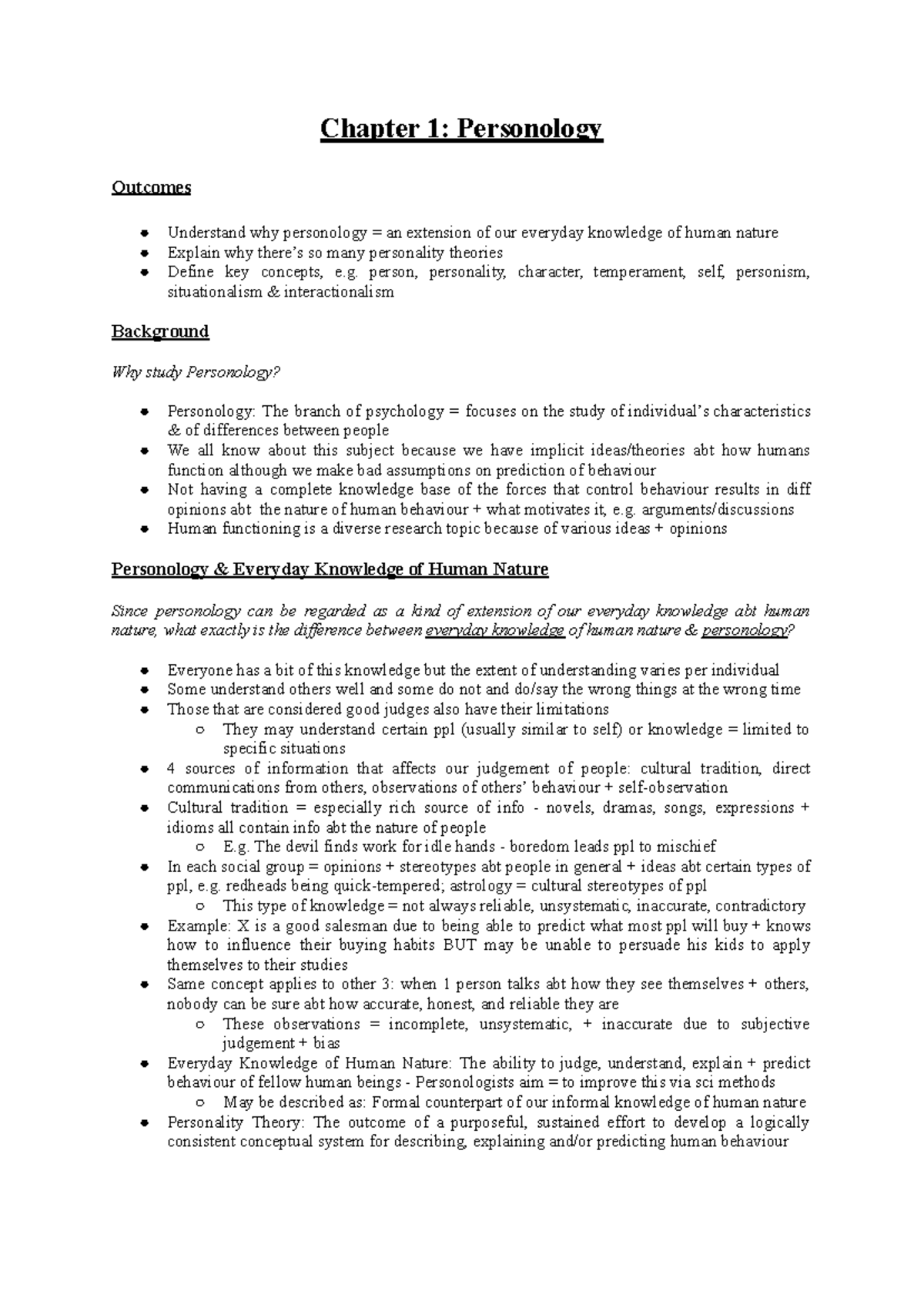 Psych 213 - Chapter 1 Personology - Chapter 1: Personology Outcomes ...