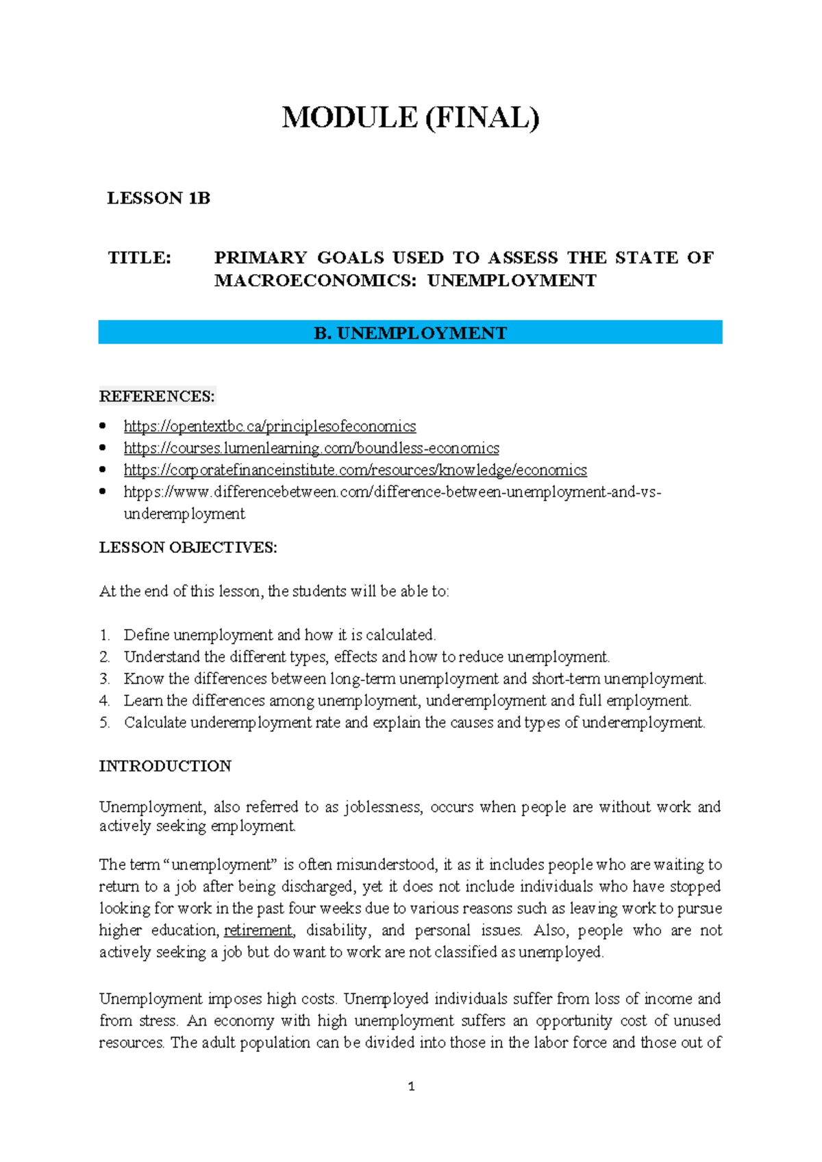 Final Module NO. 1B- Unemployment - MODULE (FINAL) LESSON 1 B TITLE ...